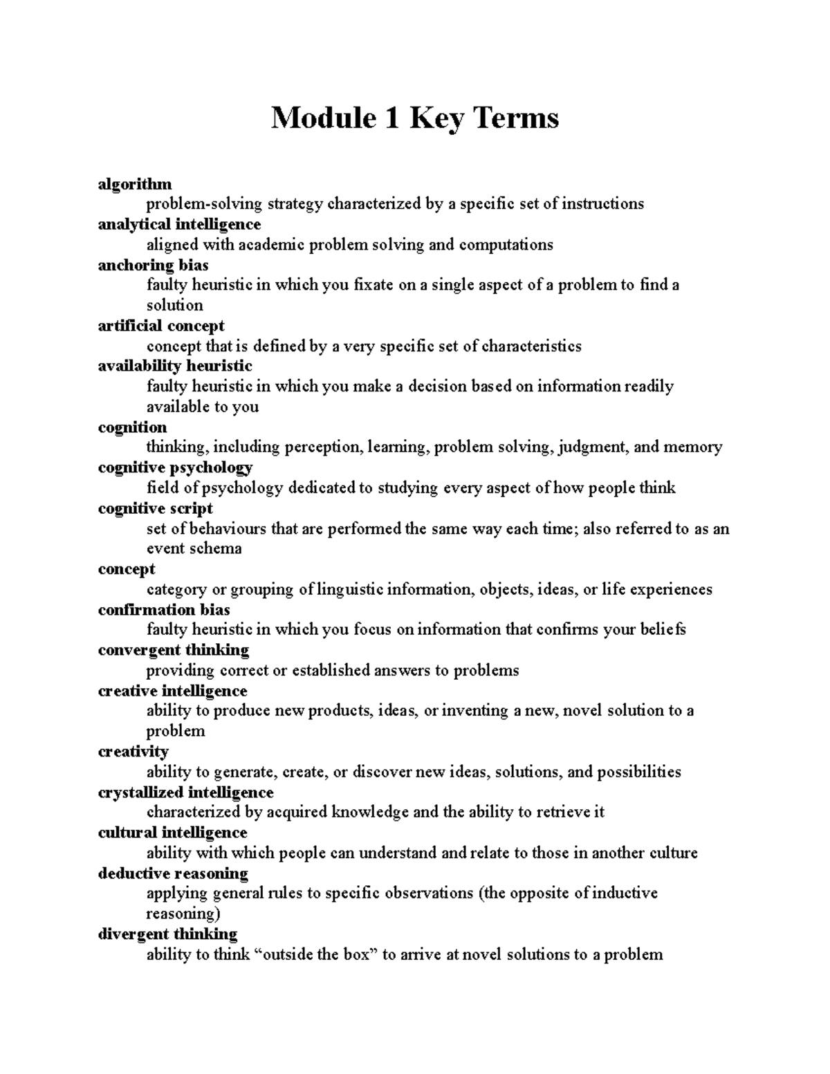 Module 1 - Summary Psychology 1001 - Module 1 Key Terms algorithm ...