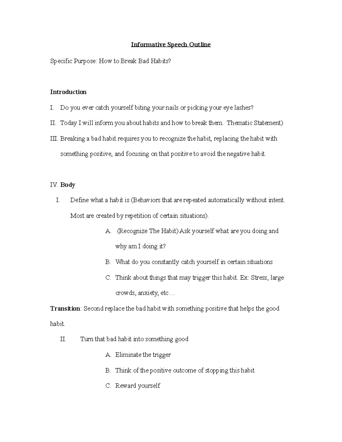Informative Speech Outline - Informative Speech Outline Specific ...