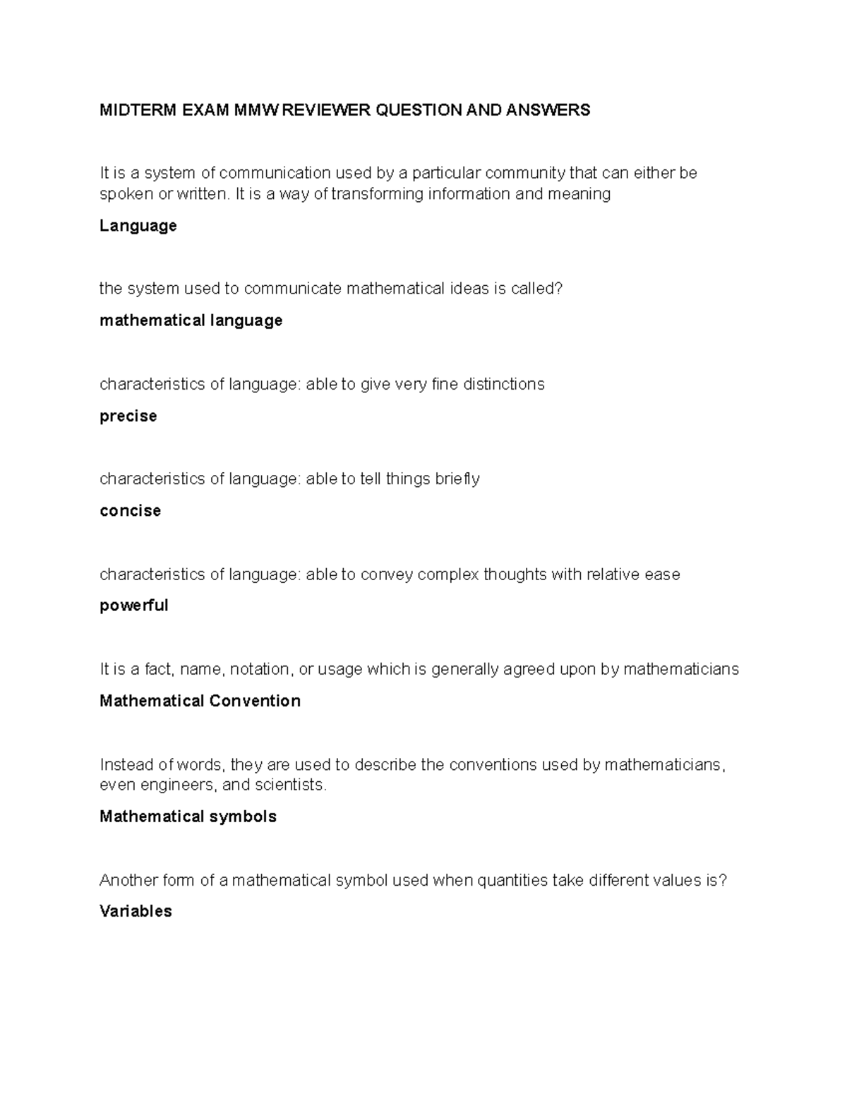 MMW Reviewer for exam - BSE Physical Science - PangSU - Studocu