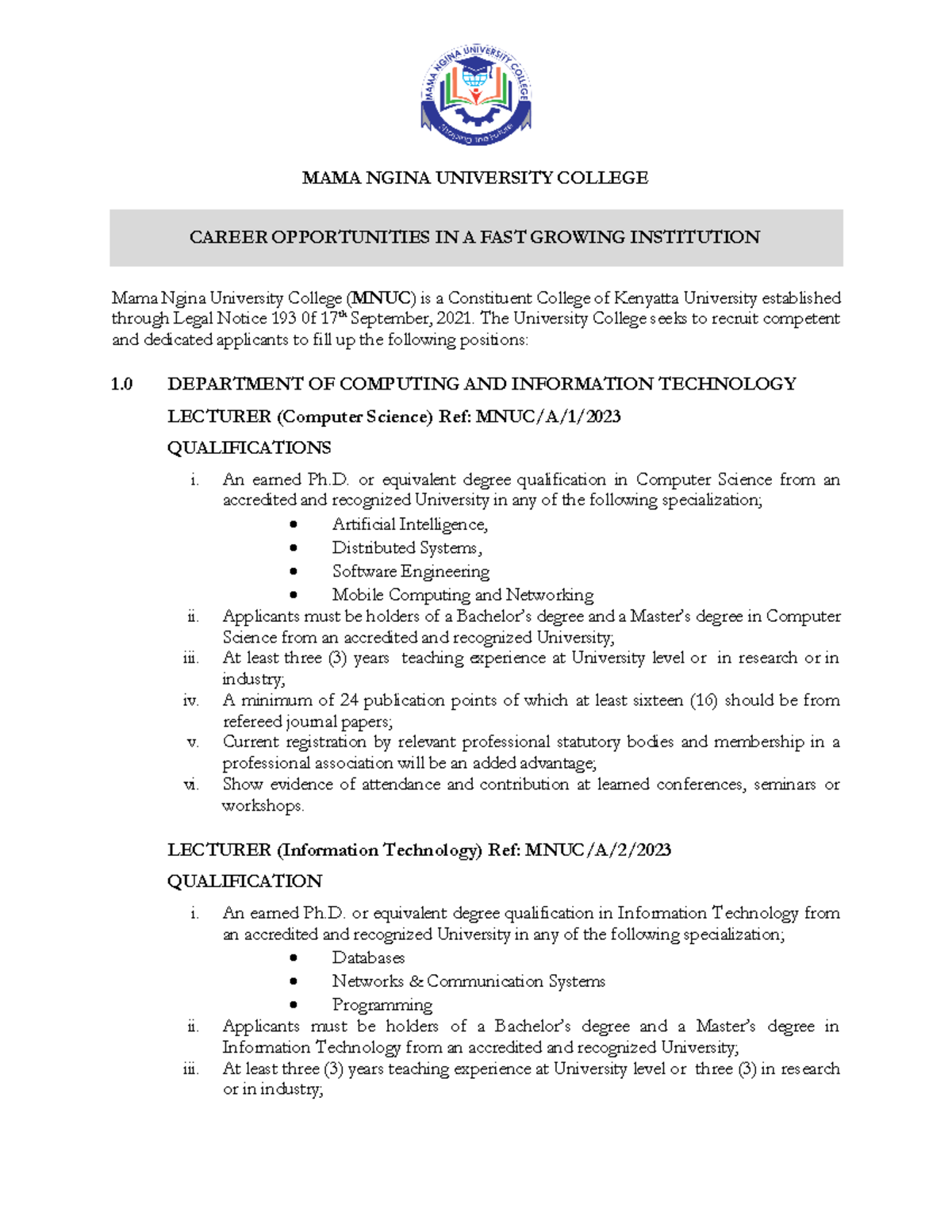 Mama Ngina University College- Teaching Jobs - MAMA NGINA UNIVERSITY ...
