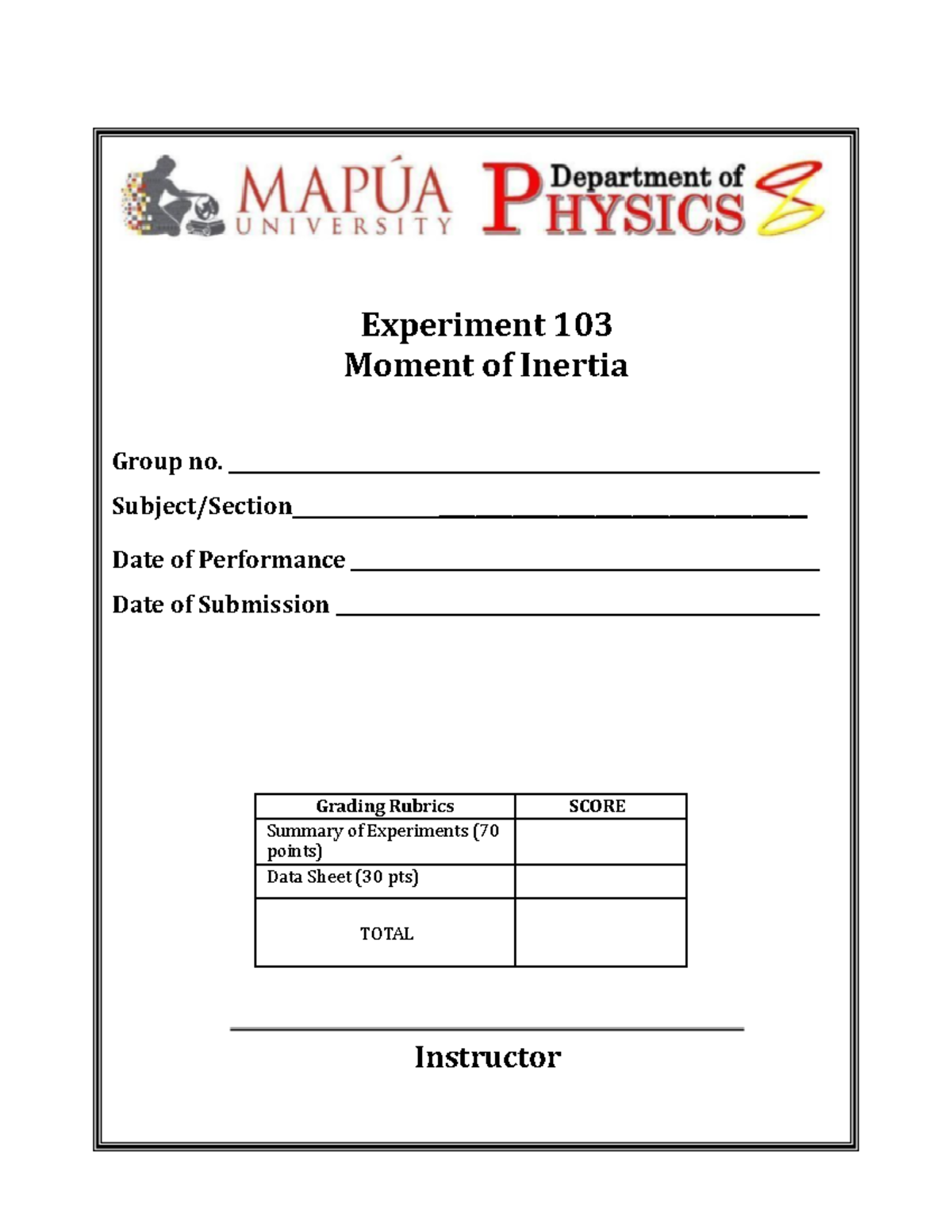 Saporna E103 - DATA SHEET - Experiment 103 Moment of Inertia Group no. Subject/Section - Studocu