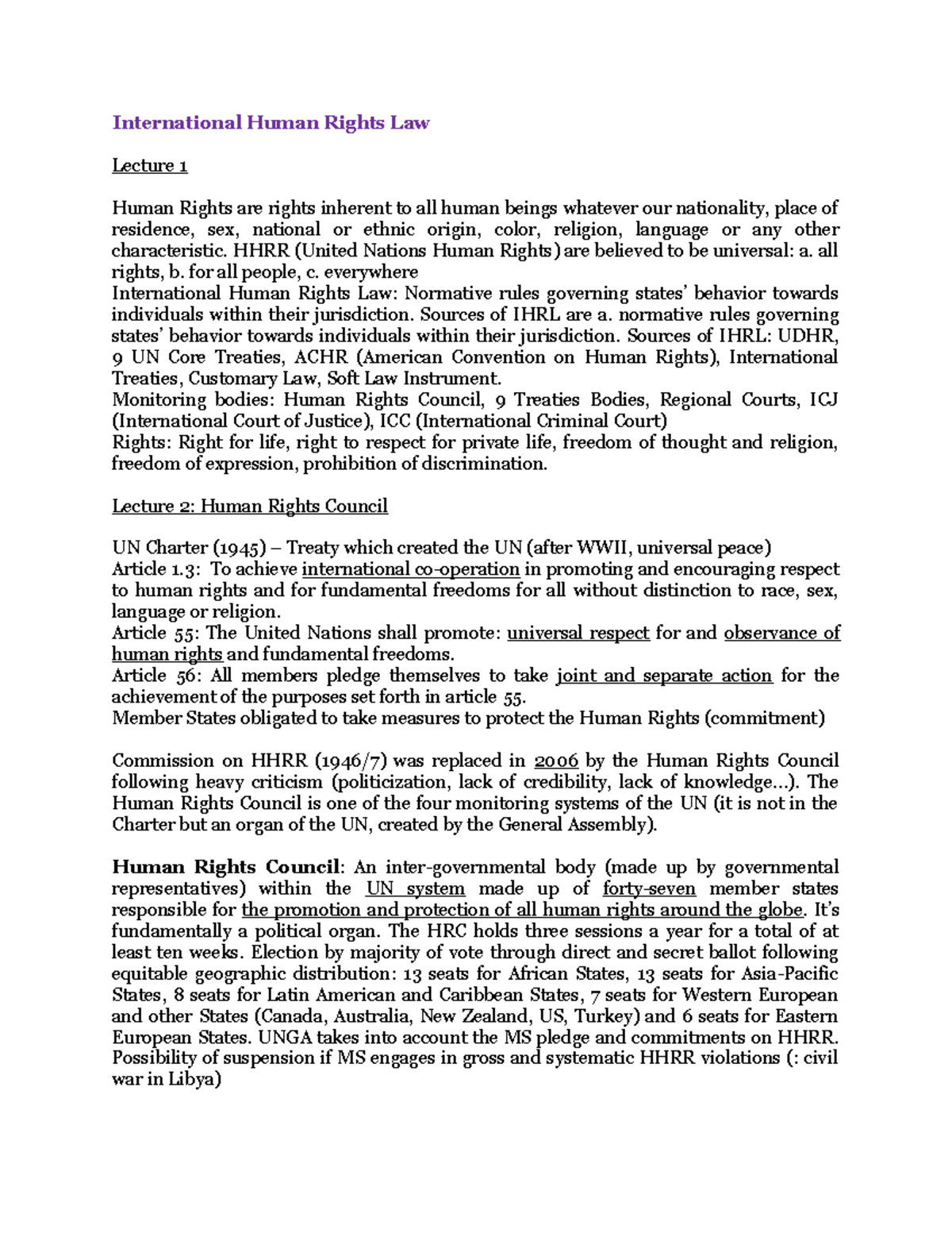 Lecture Notes - International Human Rights Law - International Human ...