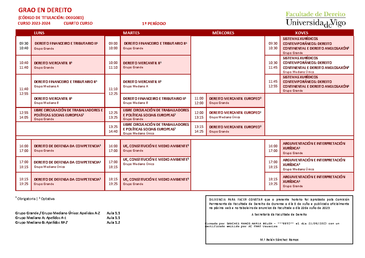 Horario G081 Curso 4 2023-24 - GRAO EN DEREITO (CÓDIGO DE TITULACIÓN ...