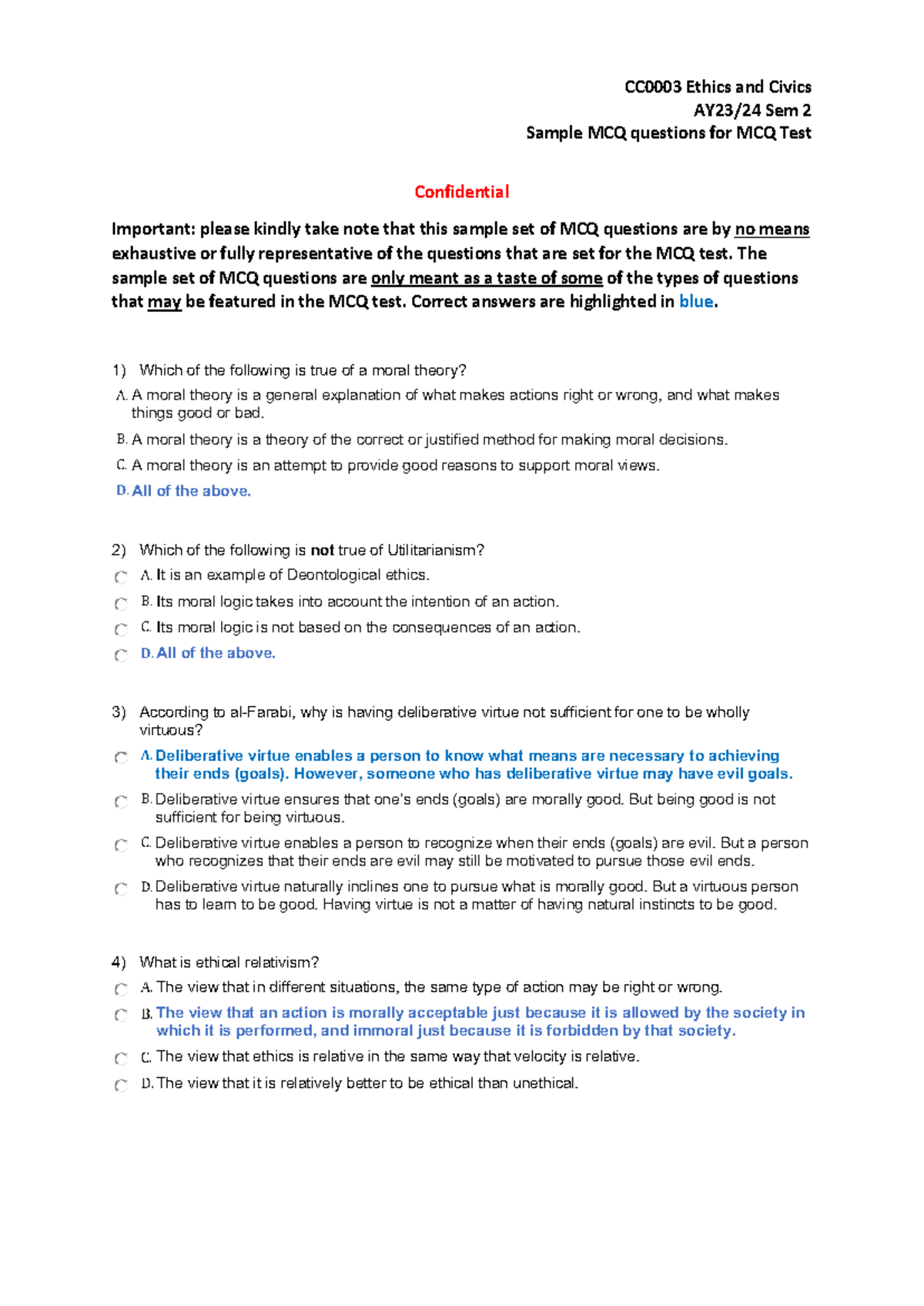 Confidential sample MCQ questions for MCQ Test Answer Scheme CC0003 ...