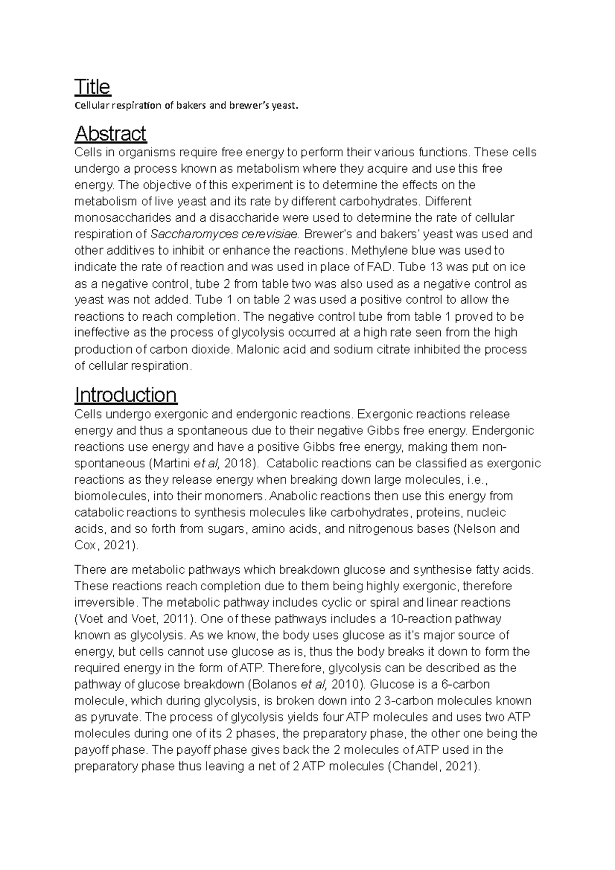 Glycolysis - Title Cellular respiration of bakers and brewer’s yeast ...