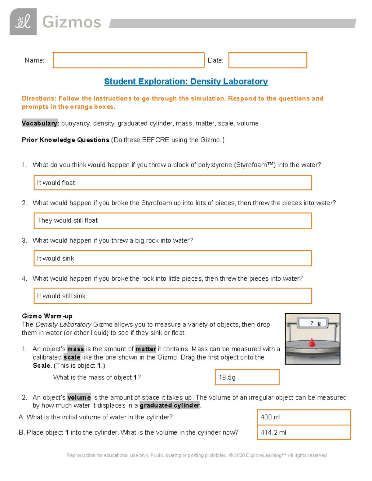 Density Lab SE assignment - Name: Date: Student Exploration: Density ...