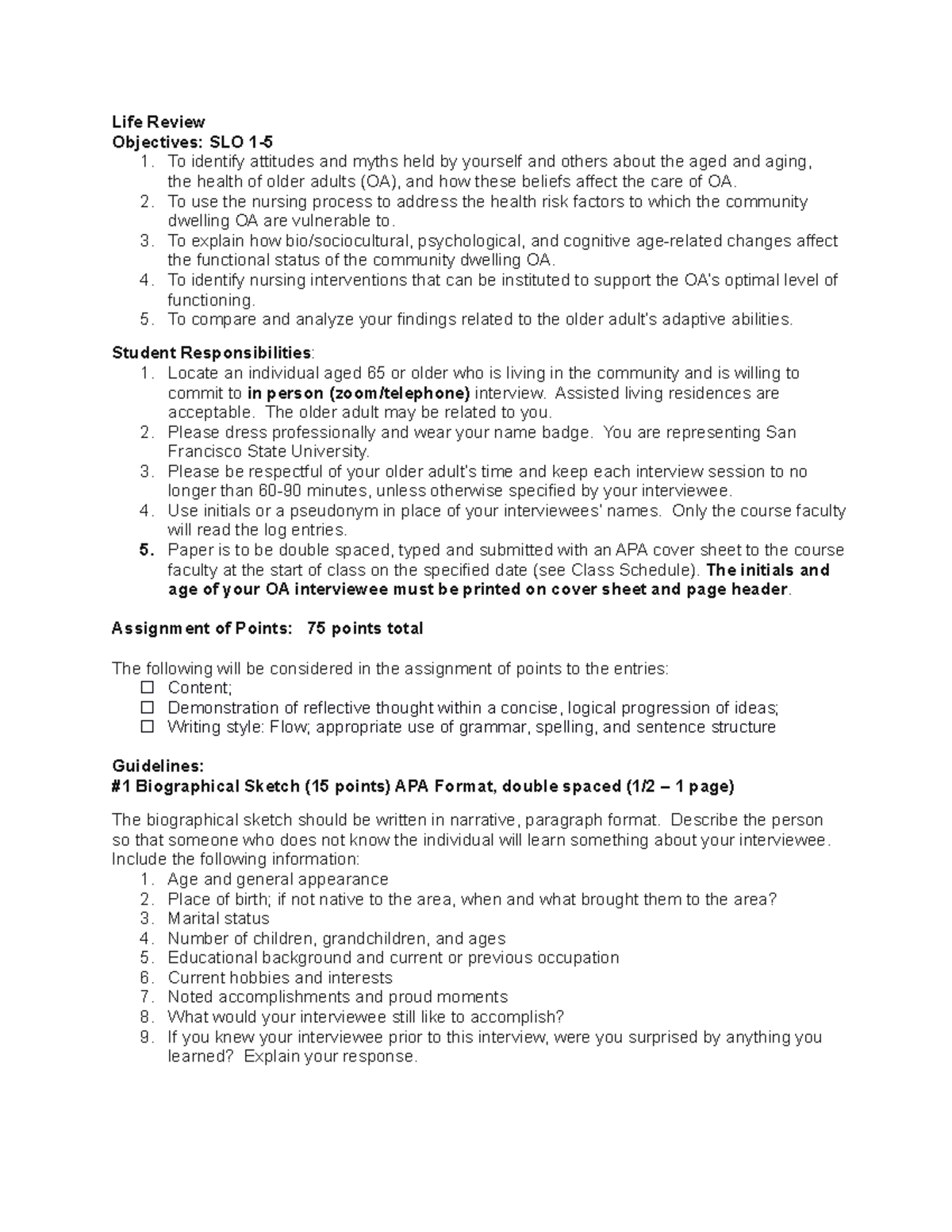 Rubric for life review - Life Review Objectives: SLO 1- 1. To identify ...