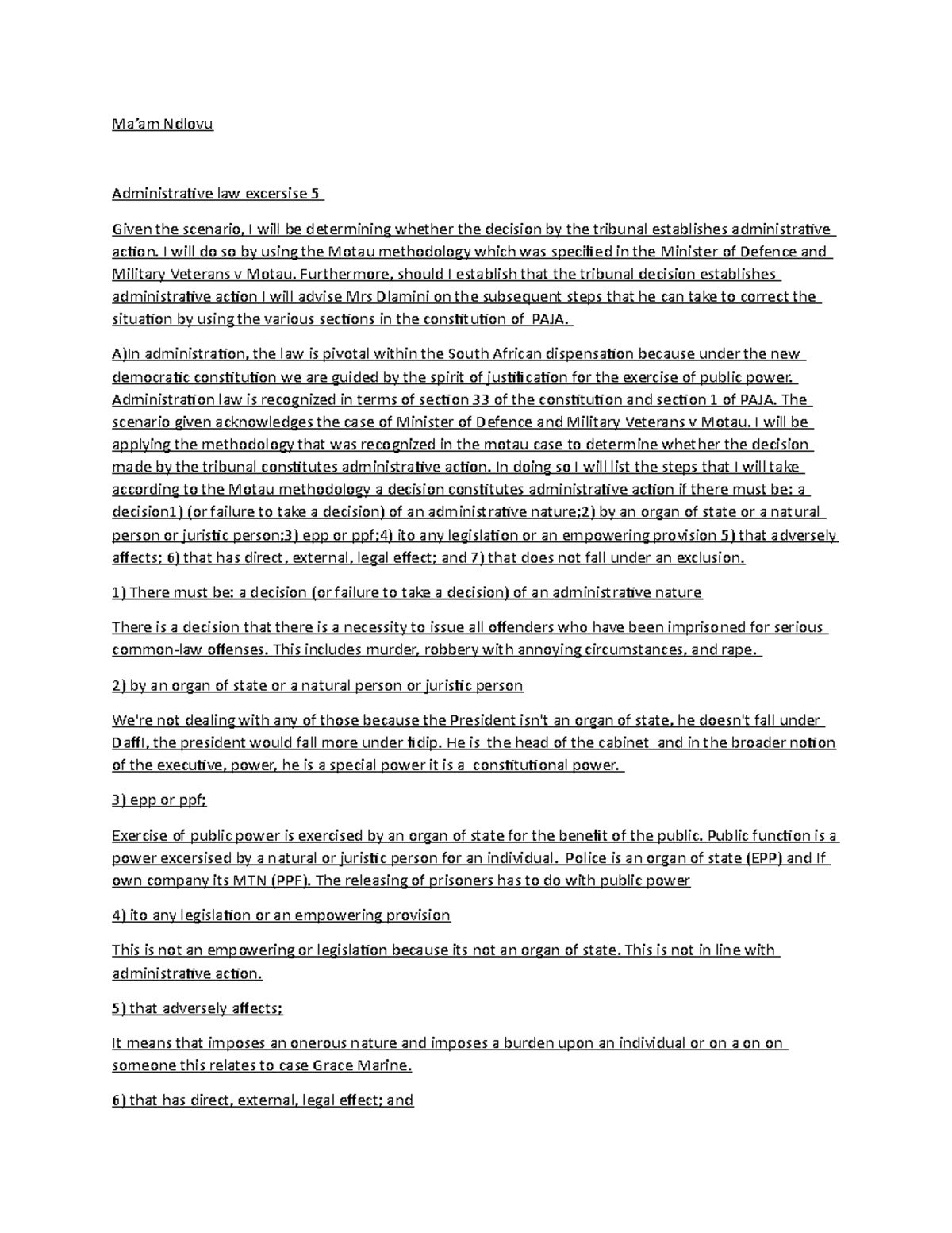Ma'am ndhlovu example 5 - Ma’am Ndlovu Administrative law excersise 5 ...