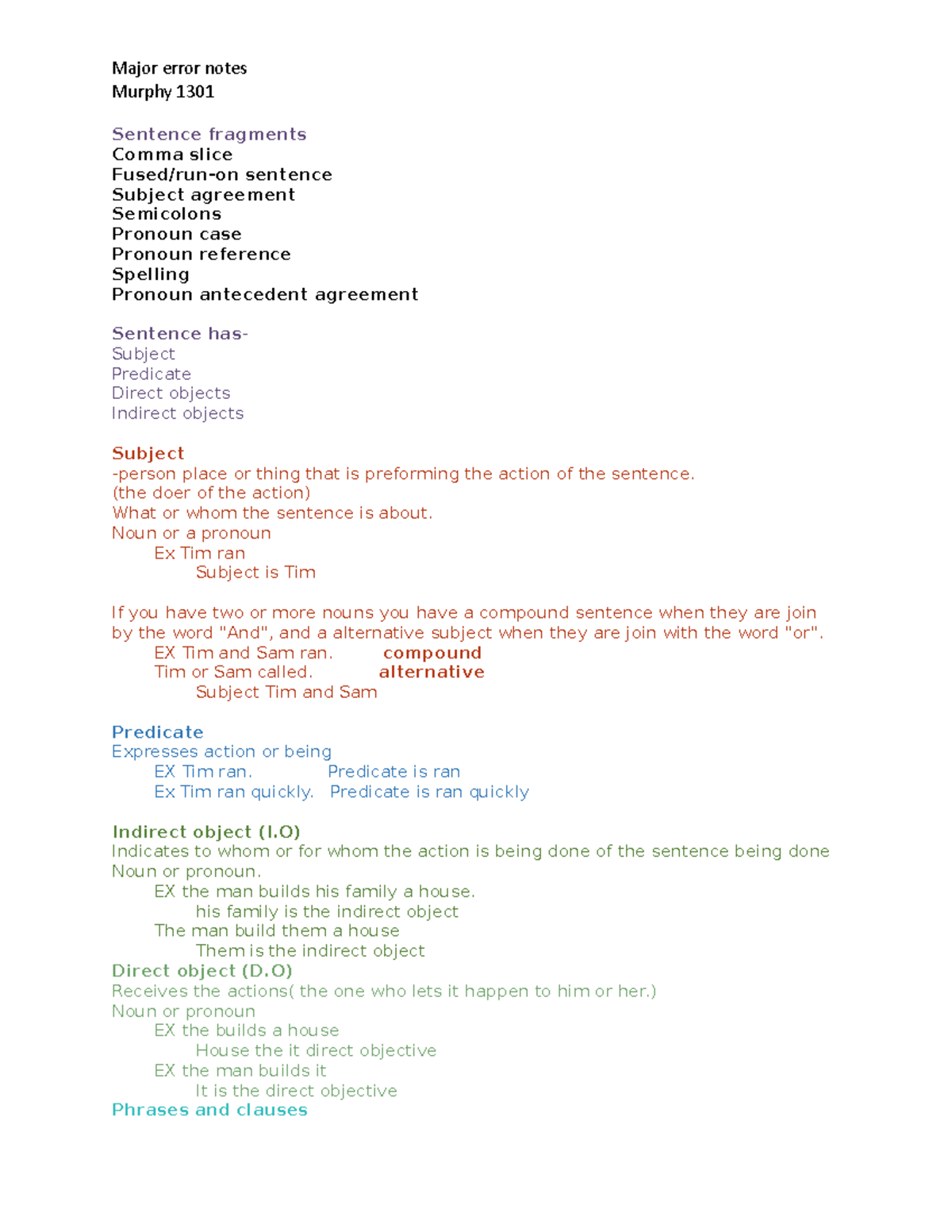 Notes - Major error notes Murphy 1301 Sentence fragments Comma slice ...
