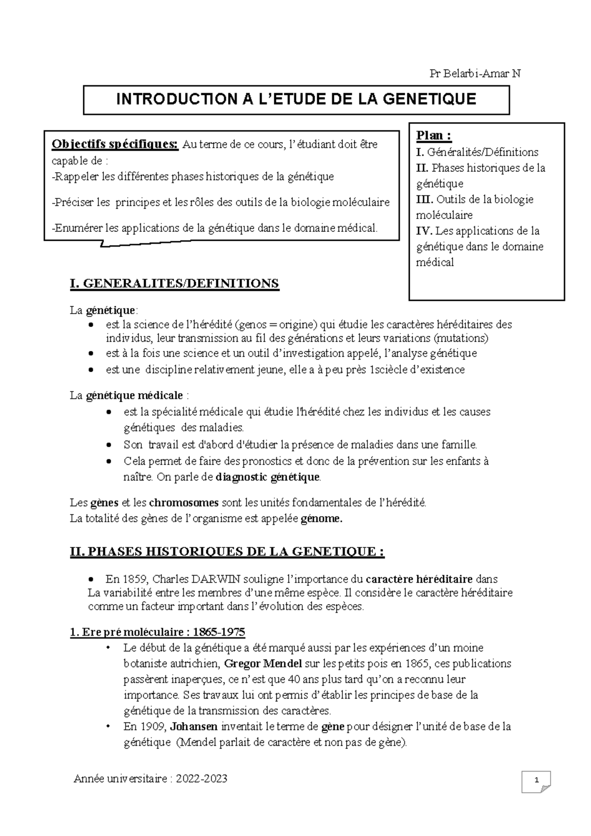 Introduction à létude de la génétique 2022-2023 - Pr Belarbi-Amar N I ...