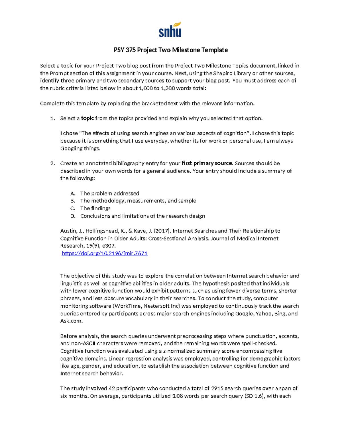 PSY 375 Project Two Milestone Template - PSY 375 Project Two Milestone ...
