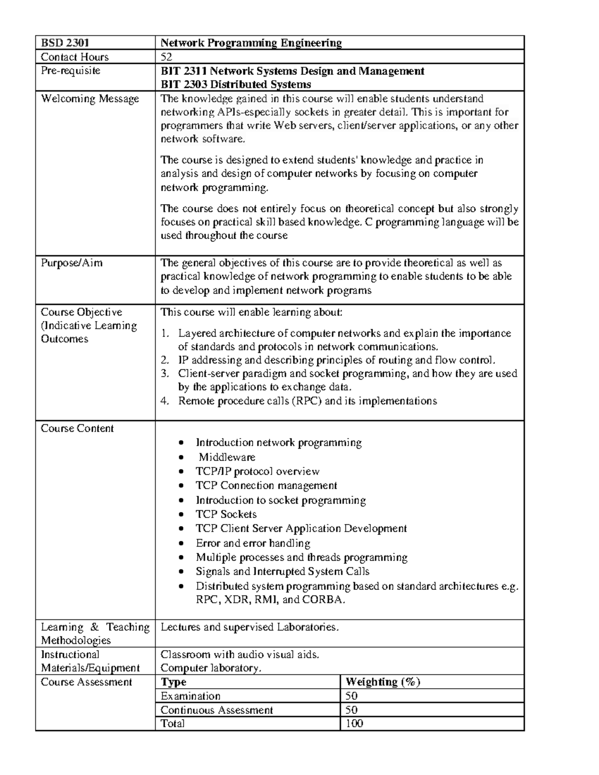 BSD 2301 Network Programming Engineering Course Outline - BSD 2301 Network Programming ...