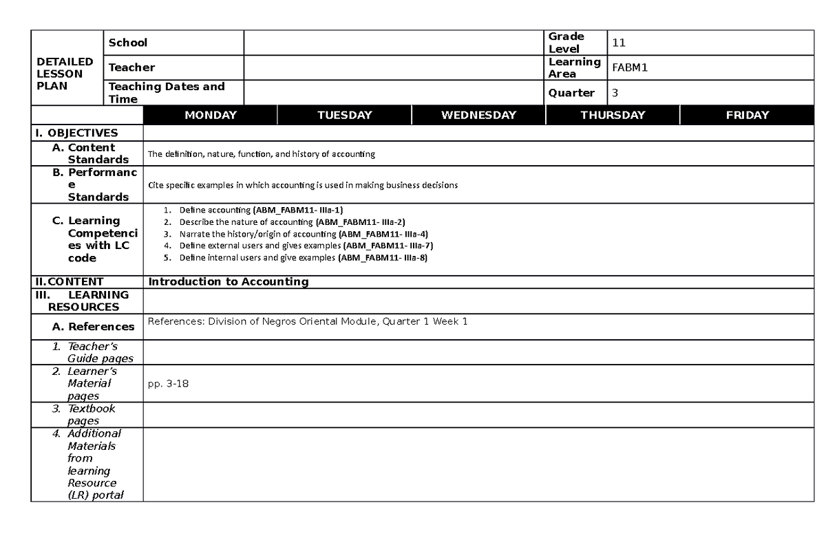 Daily-Lesson-Log FABM1 WEEK 1 - DETAILED LESSON PLAN School Grade Level ...