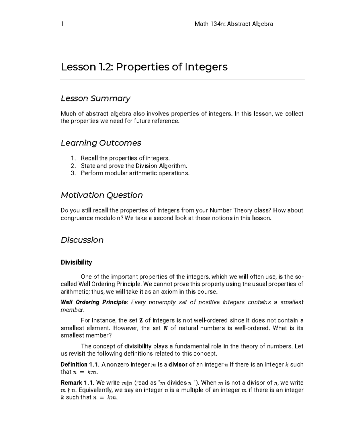 Lesson 1 - Hehhehhehehh - Lesson 1: Properties of Integers Lesson ...