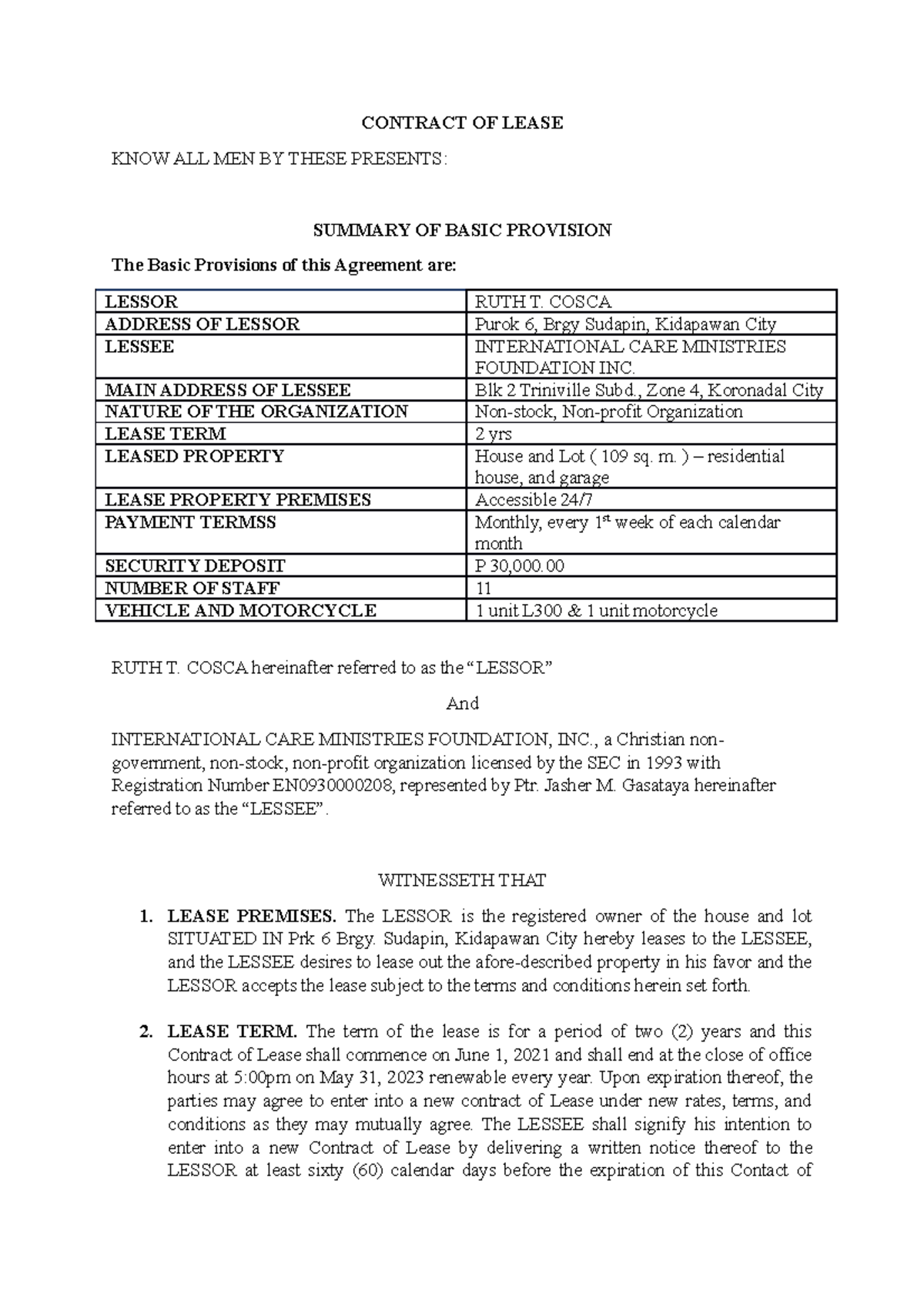 Contract OF Lease - CONTRACT OF LEASE KNOW ALL MEN BY THESE PRESENTS ...