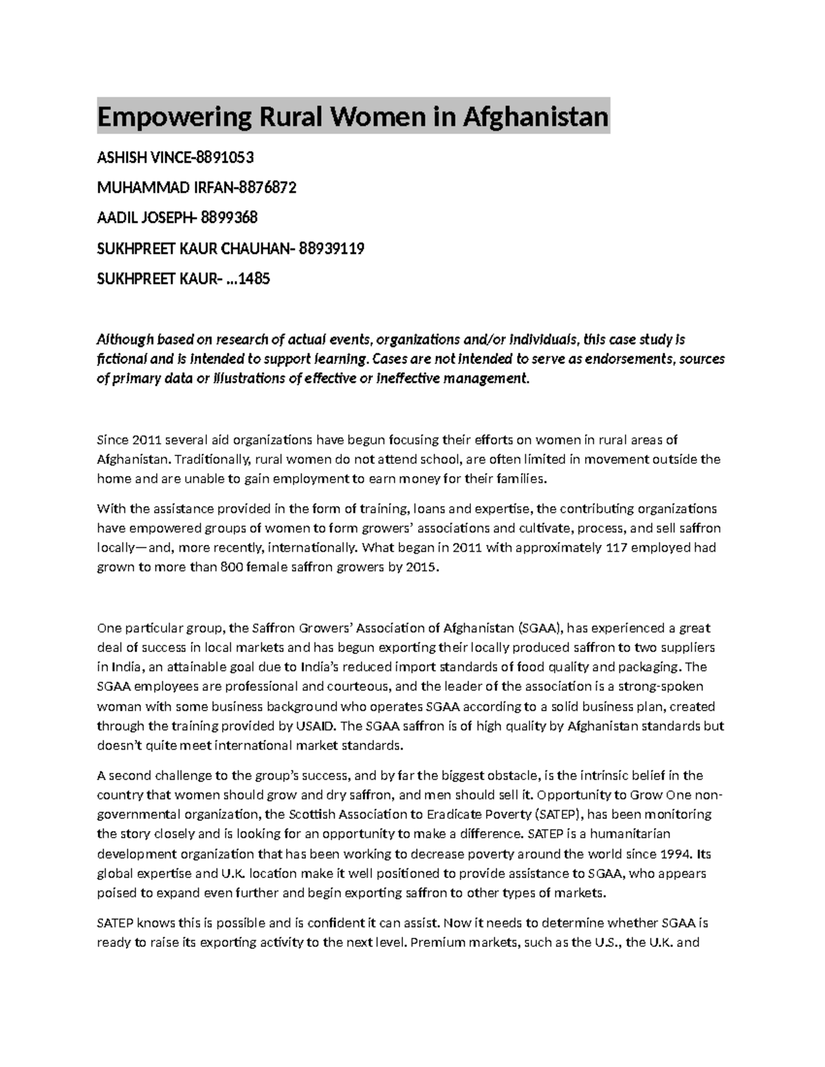 Case 1 group 6 - bbhb - Empowering Rural Women in Afghanistan ASHISH ...