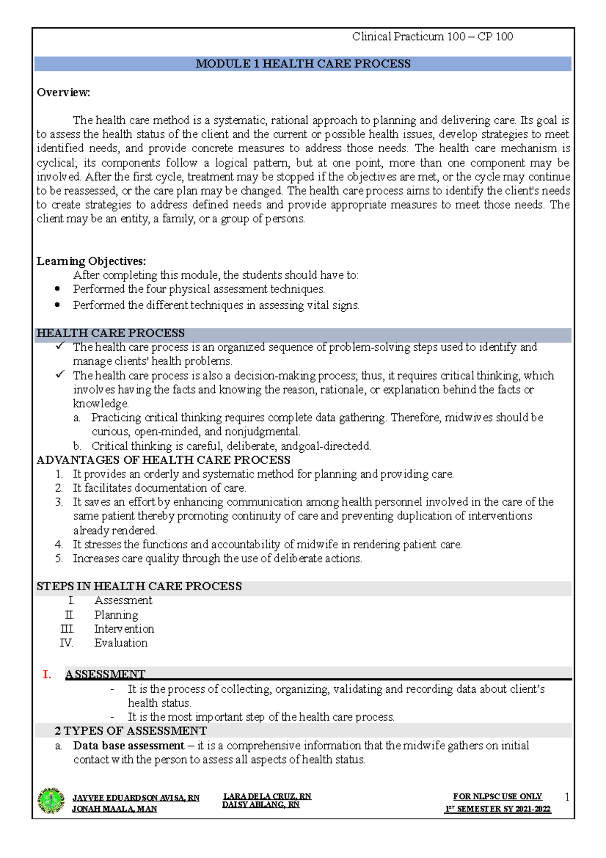 Module 1 Health CARE Process - MODULE 1 HEALTH CARE PROCESS Overview ...