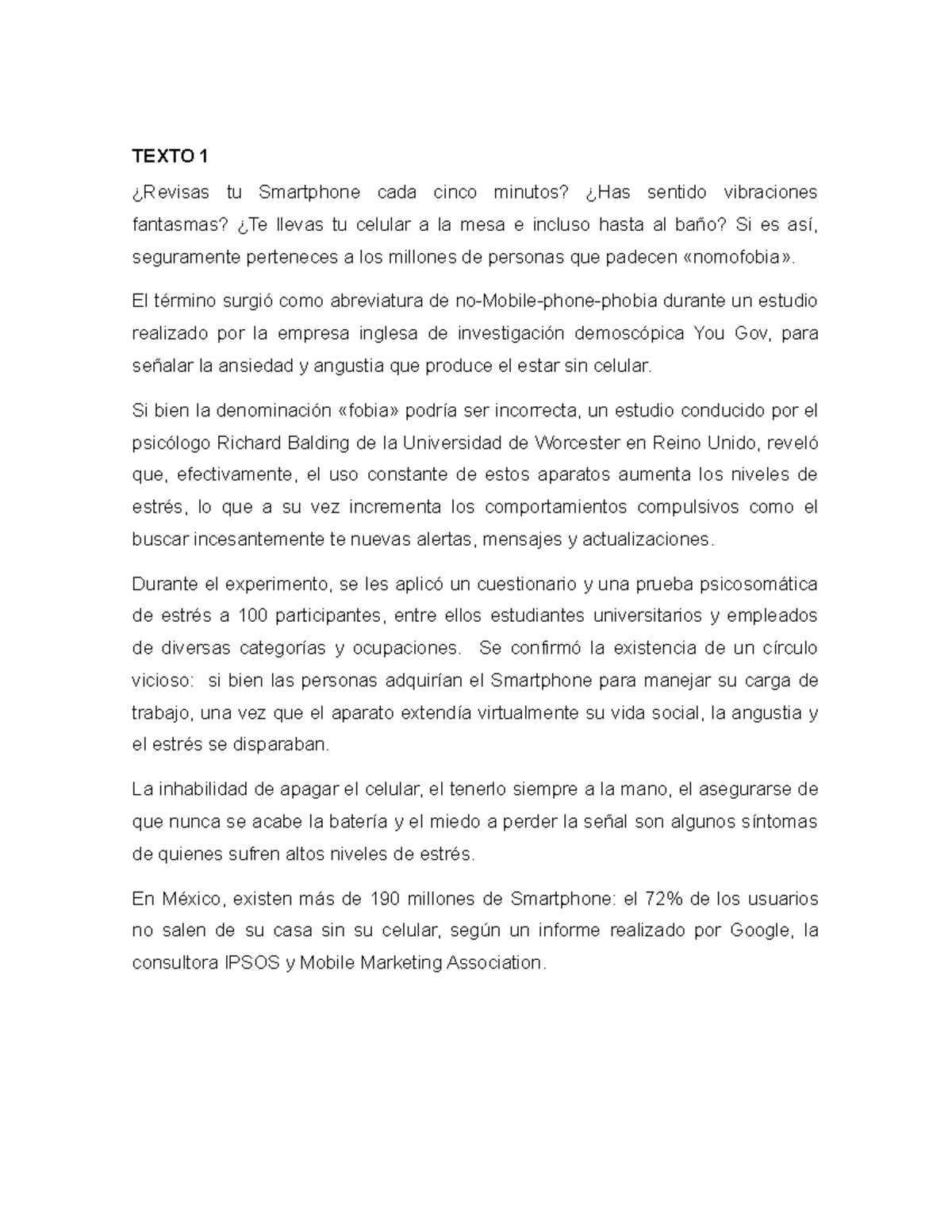 Texto 1 compresion - TEXTO 1 ¿Revisas tu Smartphone cada cinco minutos ...