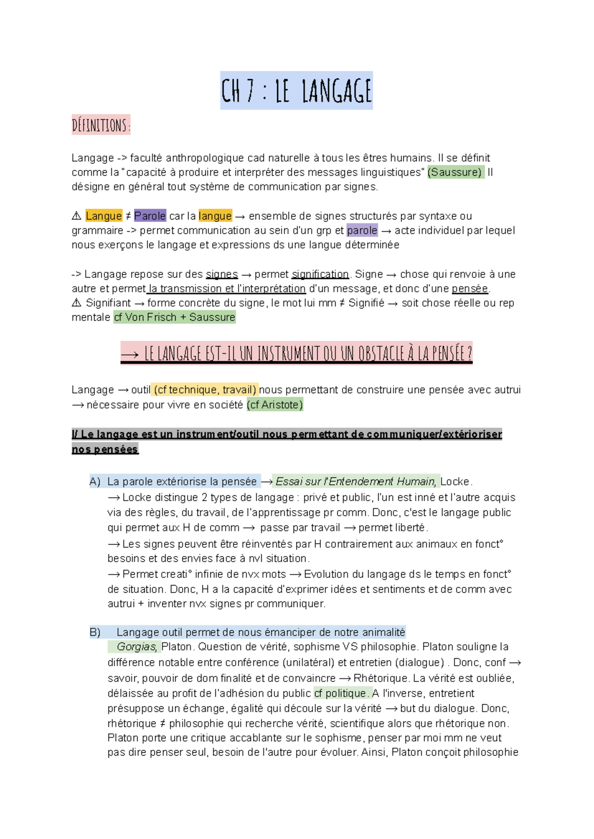 CH 7 LE Langage-2 - fiche revision notion langage philosophie - CH 7 : LE LANGAGE DÉFINITIONS ...