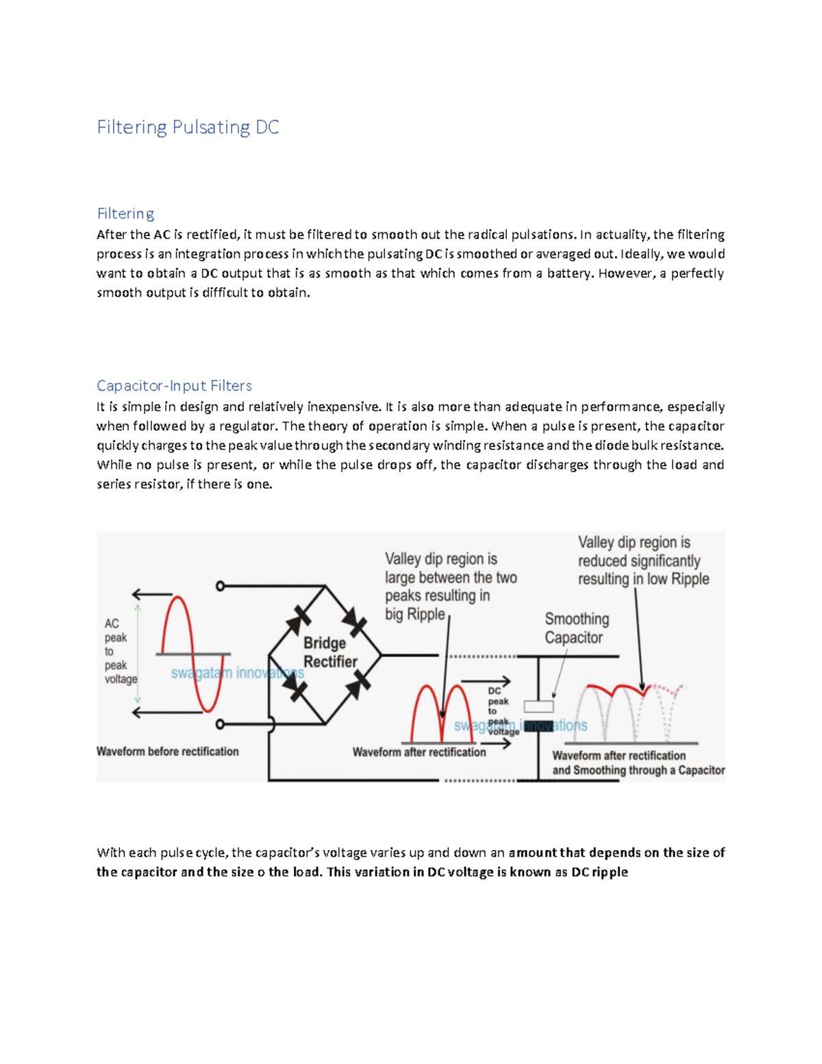 Lesson 4 Capacitor Filter Input - Filtering Pulsating DC Filtering ...