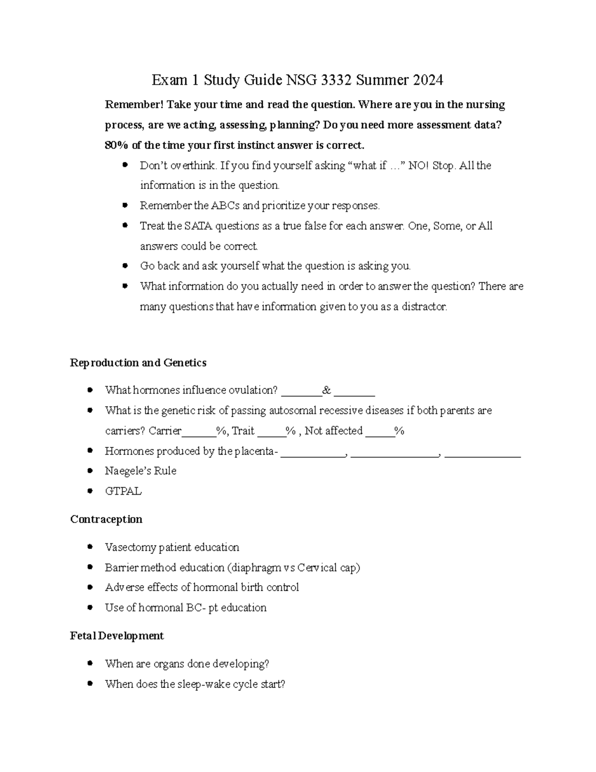Exam 1 study guide - Exam 1 Study Guide NSG 3332 Summer 2024 Remember ...