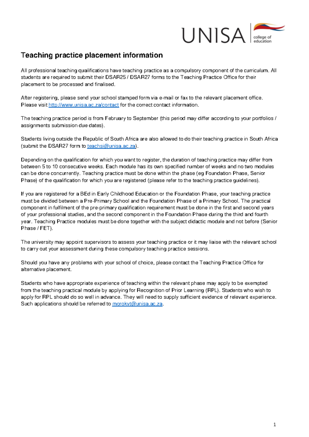 Unisa teaching practice placement information 2019 - Teaching practice ...