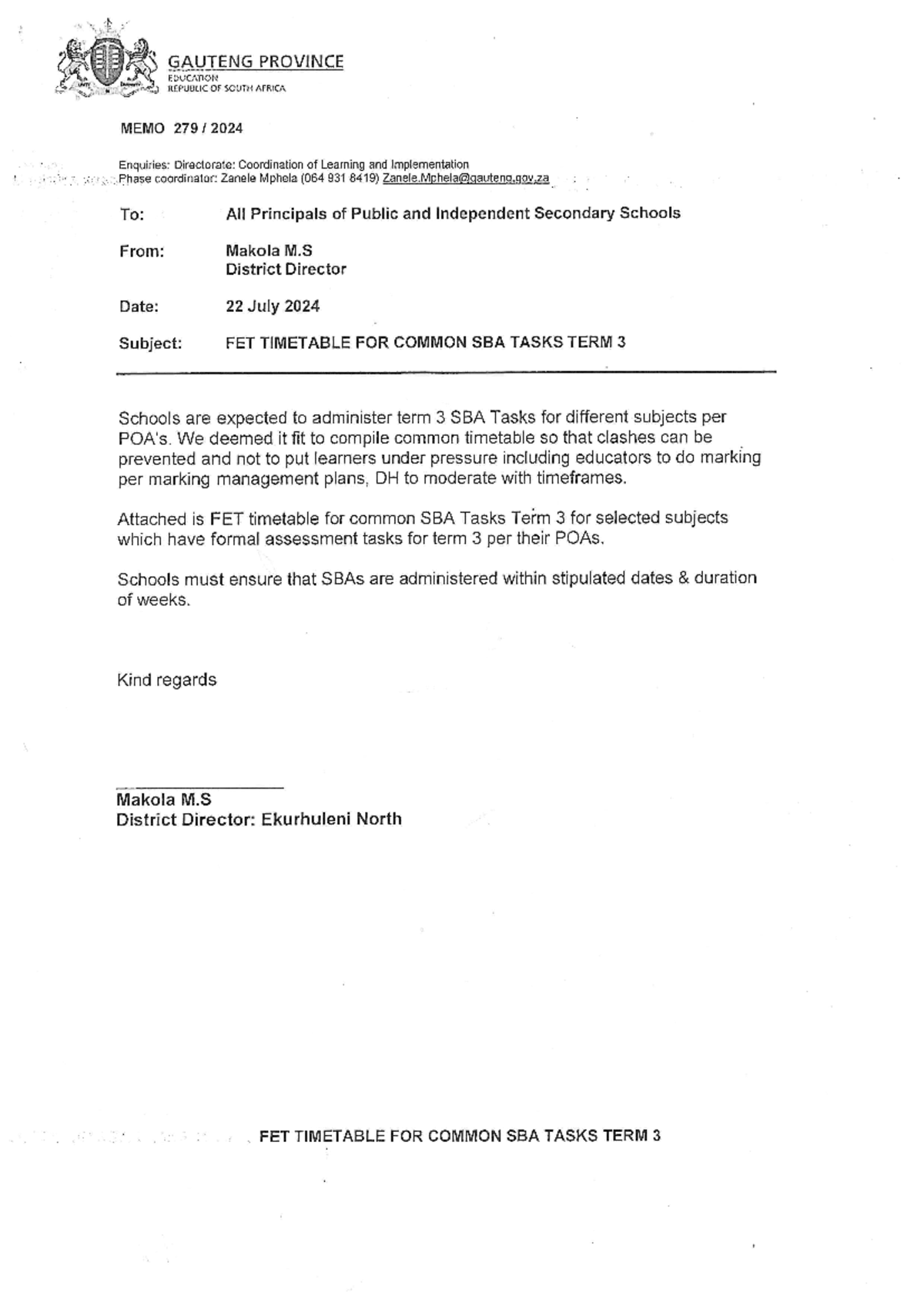 FET Timetable FOR Common SBA Tasks TERM 3 - E GAUTENG PROVINCE ...