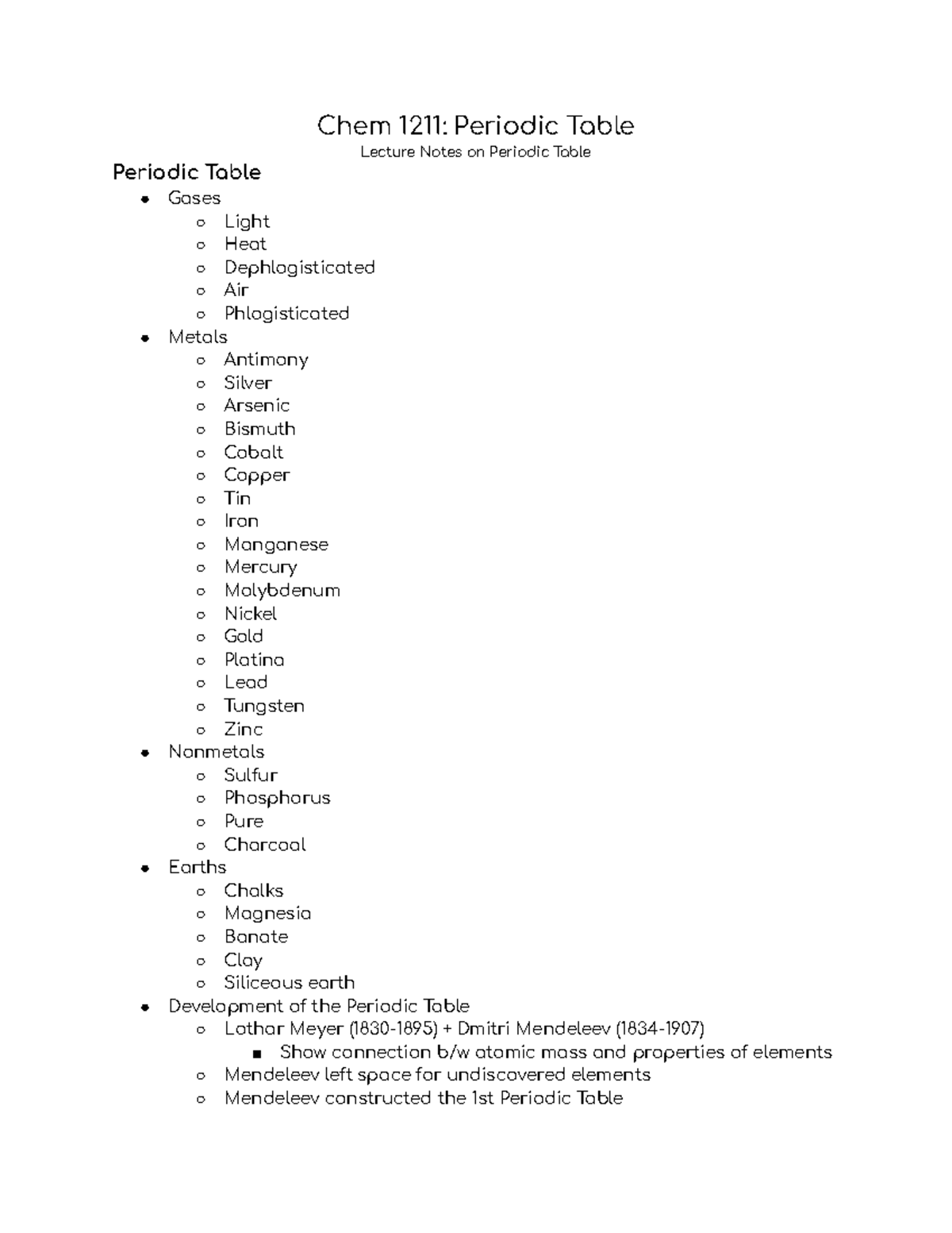 Chem 1211 Periodic Table - Chem 1211: Periodic Table Lecture Notes on ...