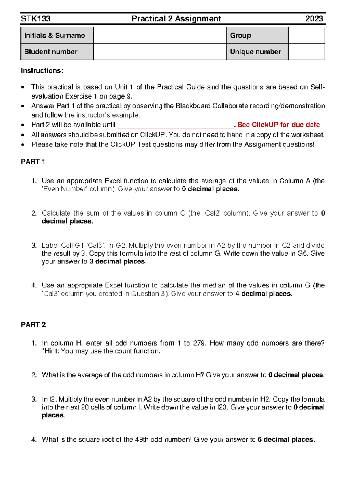 STK133 - Practical 2 Assignment - 2023 - STK 133 Practical 2 Assignment 2023 Initials & Surname ...