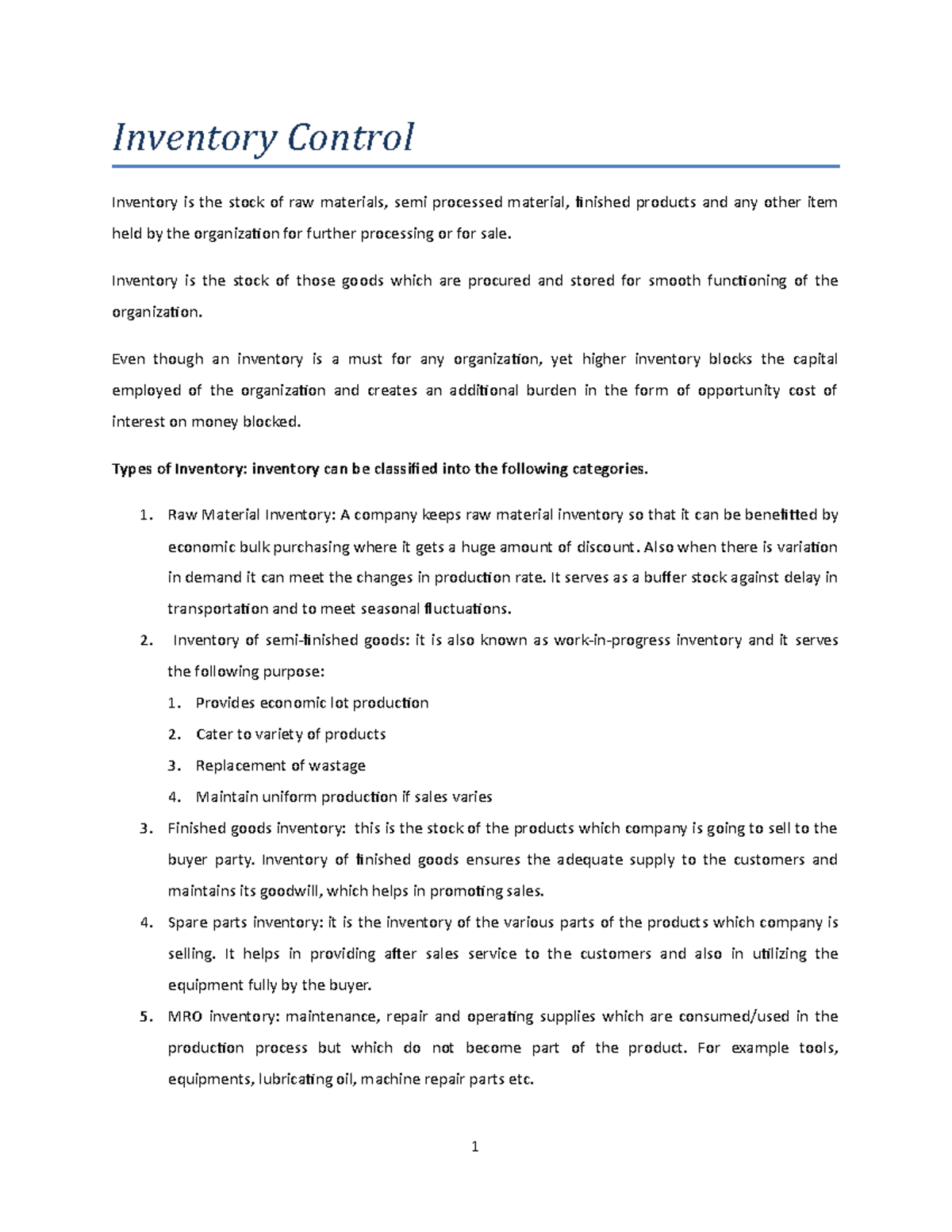 production and operation managment - Inventory Control Inventory is the ...