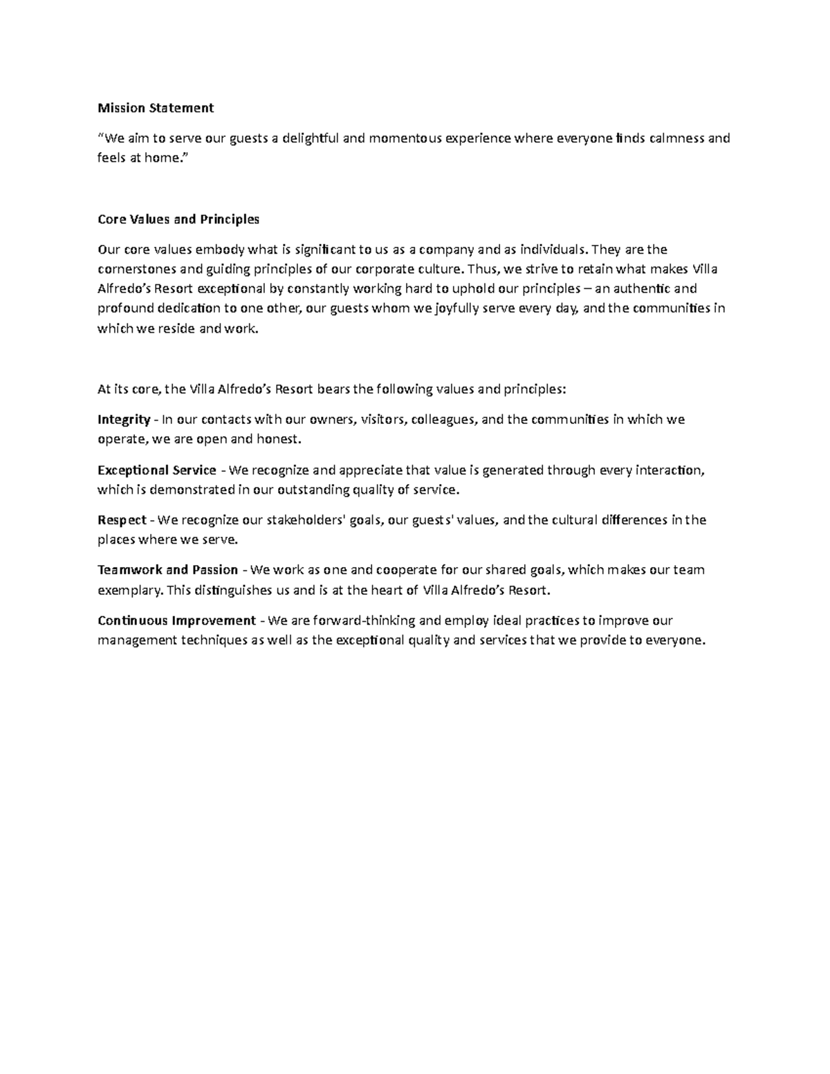 Sample of Mission Vision and Core Values - Mission Statement “We aim to ...