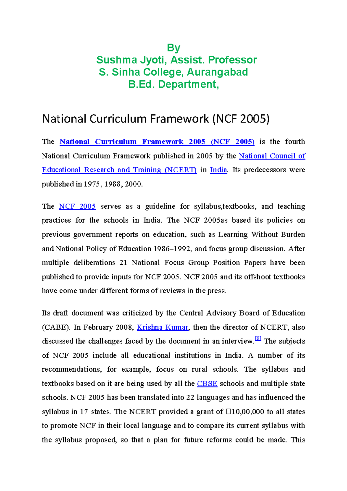 B. Ed. (Topic- National Curriculum Framework (NCF 2005 ) - By Sushma ...