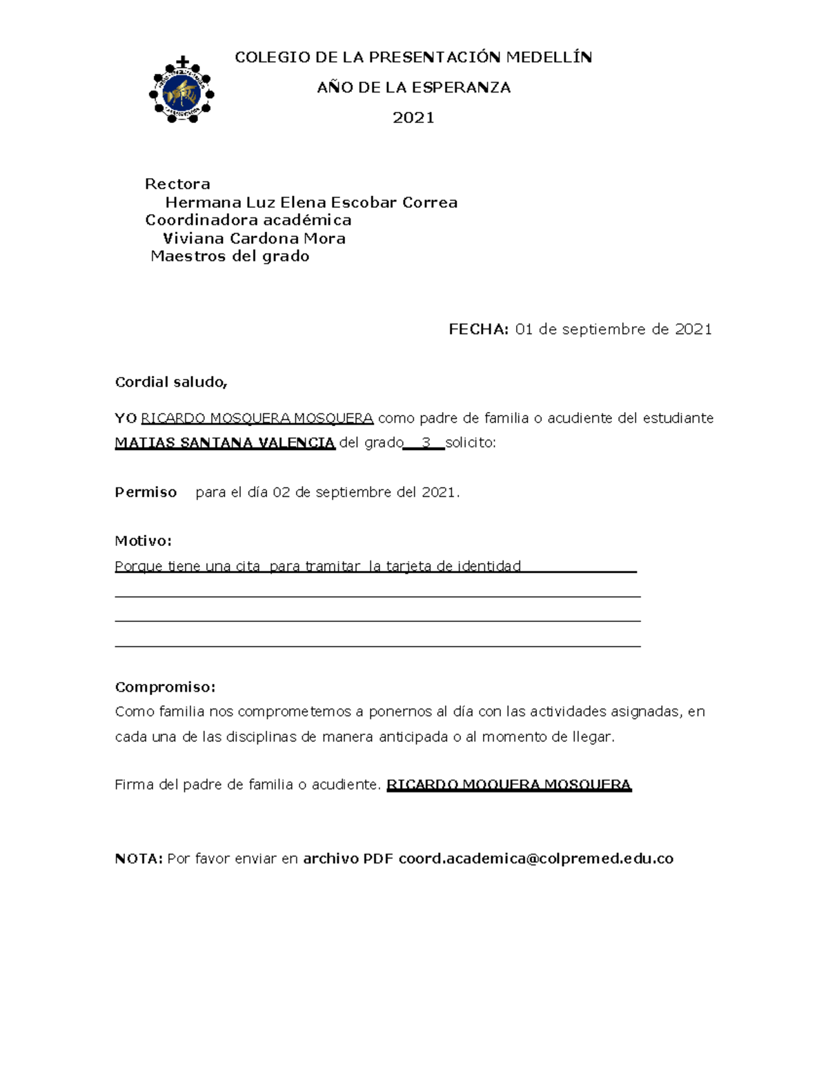 Formato Permisos Coord. Académica- Rectoría - COLEGIO DE LA PRESENTACIÓN MEDELLÍN AÑO DE LA ...