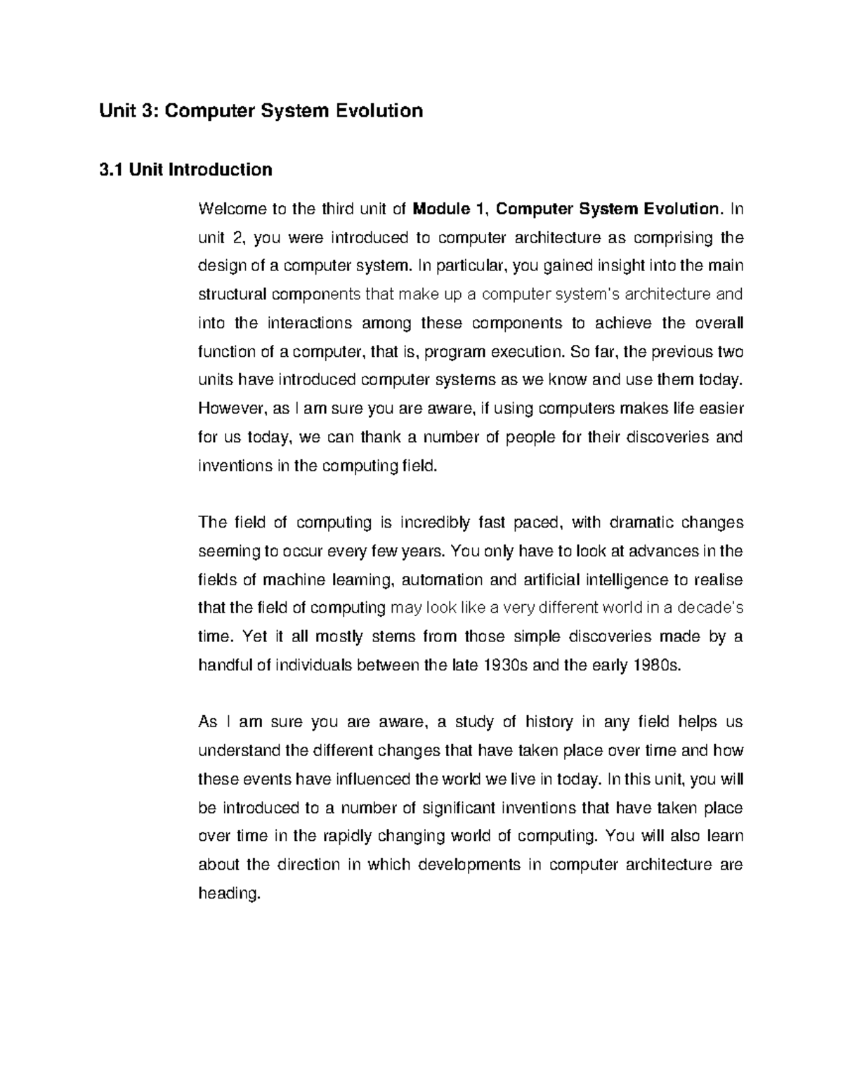 ICT 1110 Unit 3 - Computer Evolution and Performance - Unit 3: Computer System Evolution 3 Unit ...