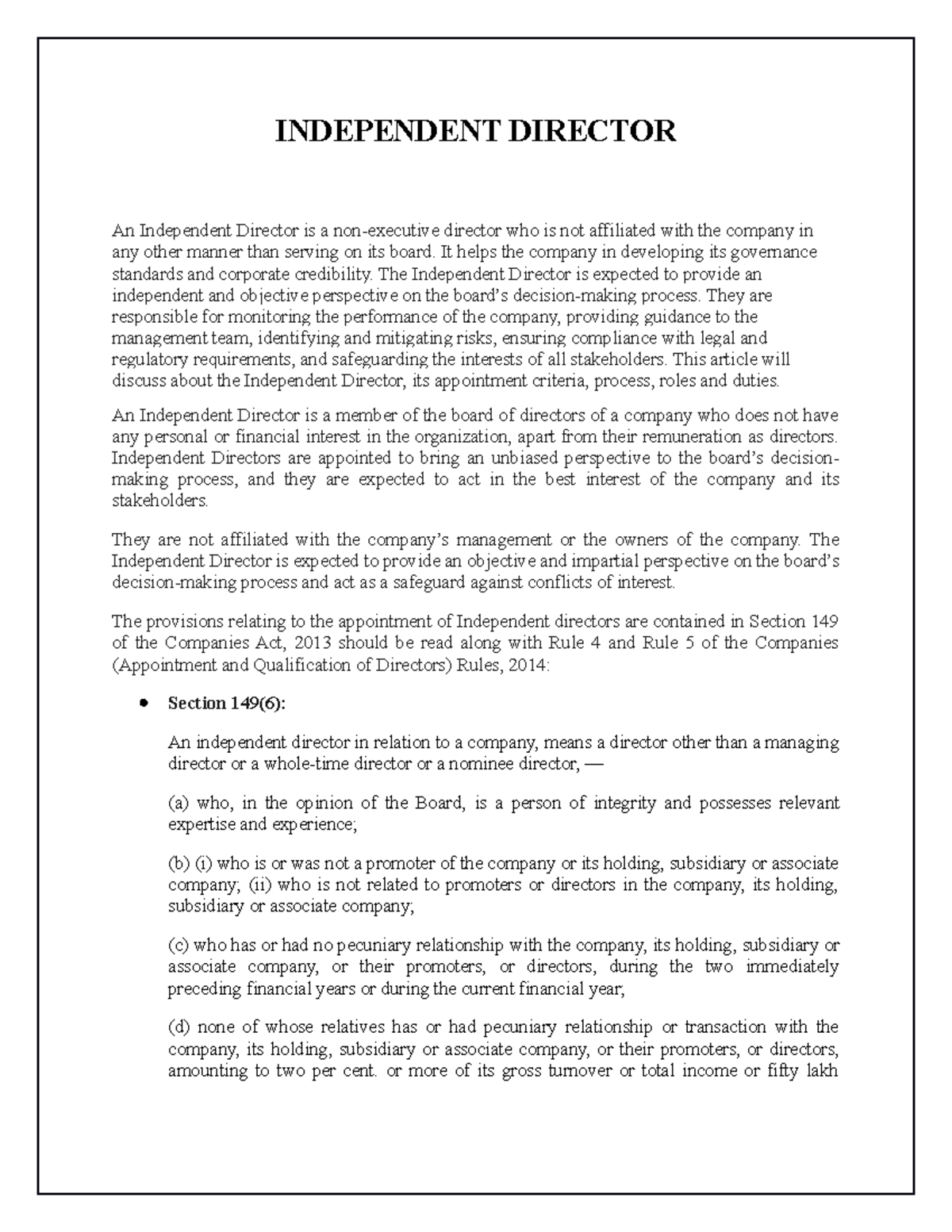 Independent Director - okay sure - INDEPENDENT DIRECTOR An Independent ...