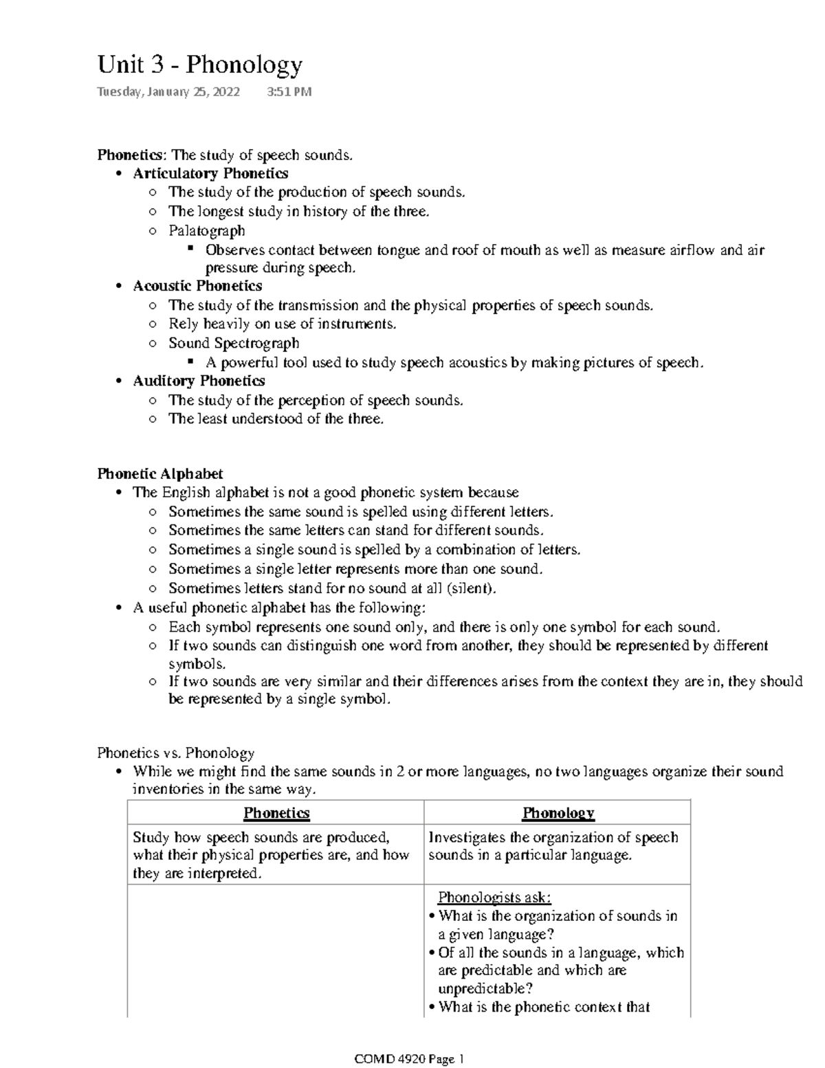 Unit 3 - Phonology - Lecture notes 3 - COMD 4920 - USU - Studocu