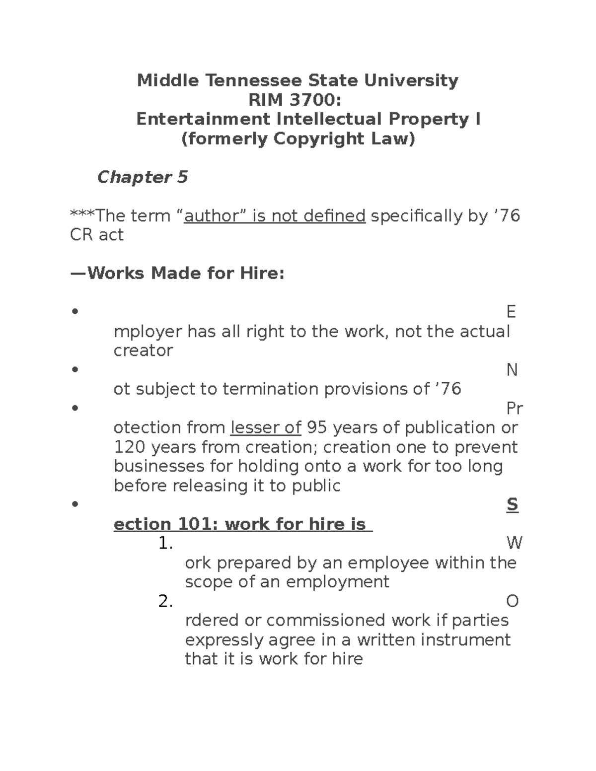 MTSU RIM 3700 Ch 5 - Typed lecture notes from Prof. Deborah Wagnon's ...