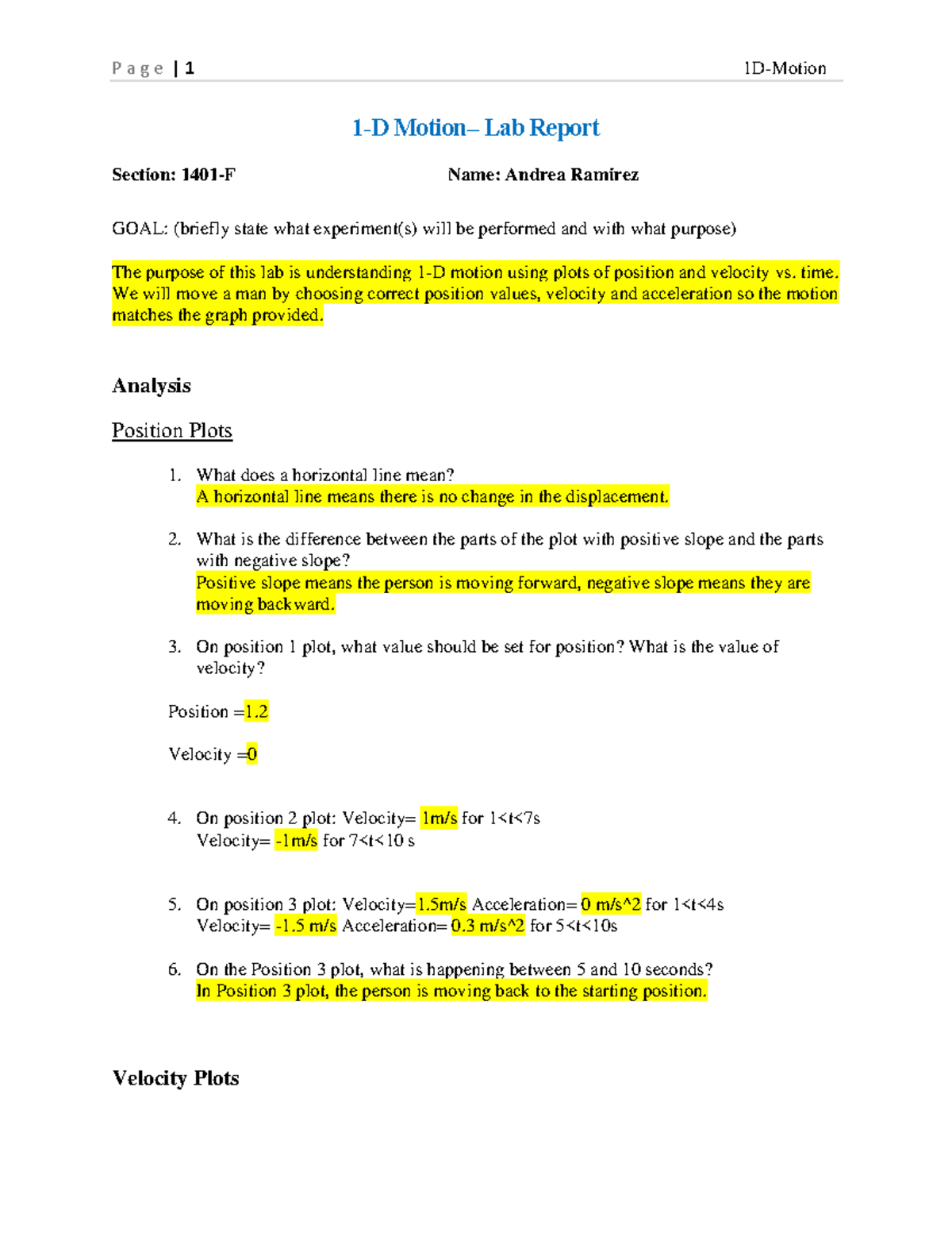 01 1D Motion Labreport Spring 2024 online - 1 - D Motion– Lab Report ...