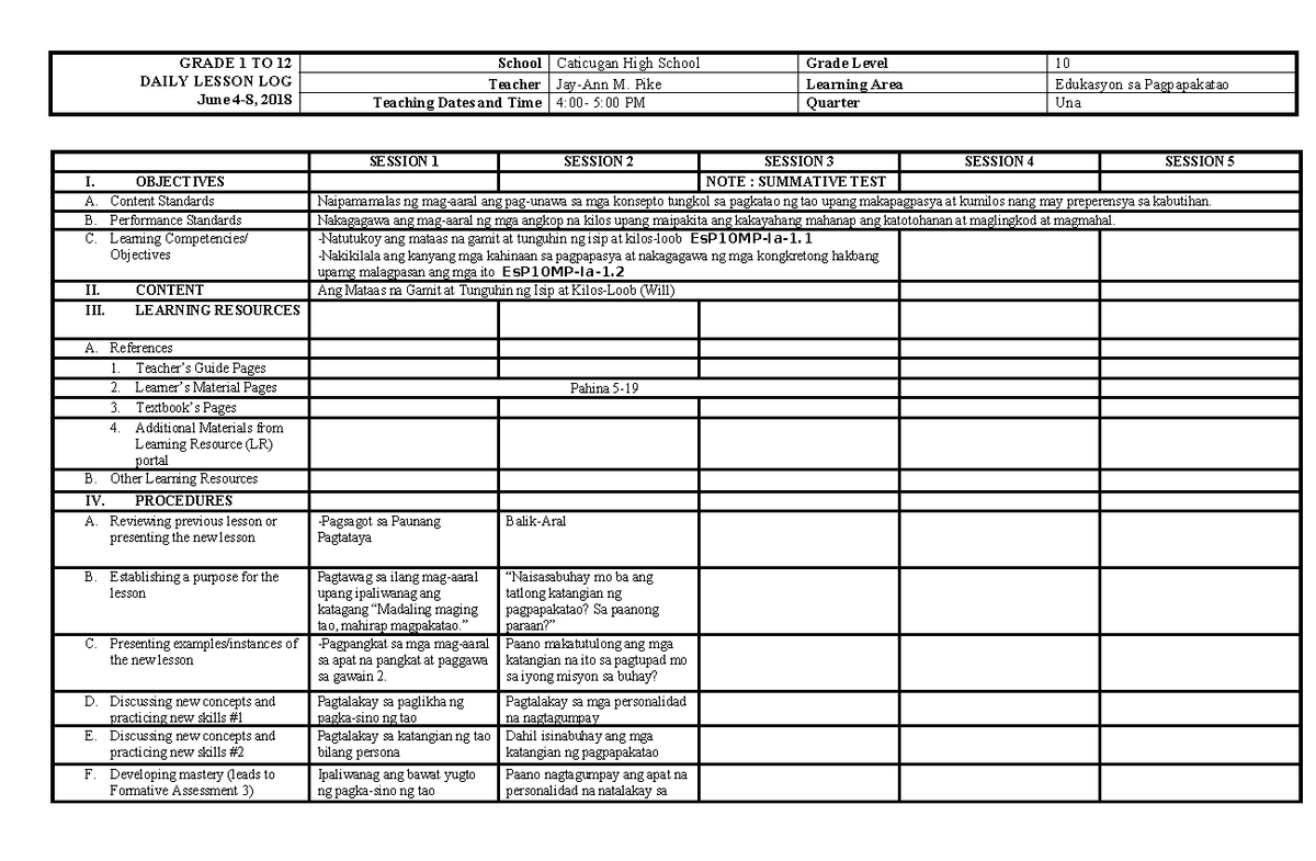 Daily Lesson Log - Notes - GRADE 1 TO 12 DAILY LESSON LOG June 4-8 ...
