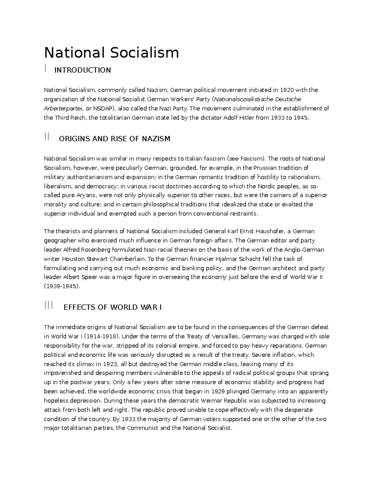 National Socialism - .......... - National Socialism I INTRODUCTION ...