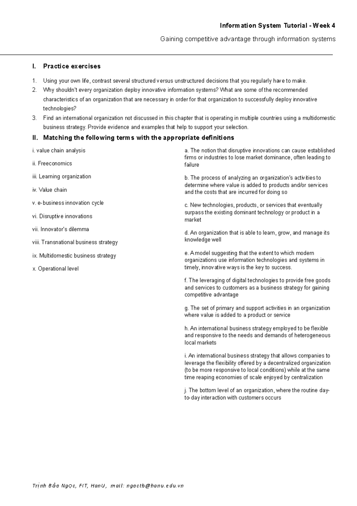 Week04 Tutorial - EIS - Information System Tutorial - Week 4 Gaining competitive advantage ...