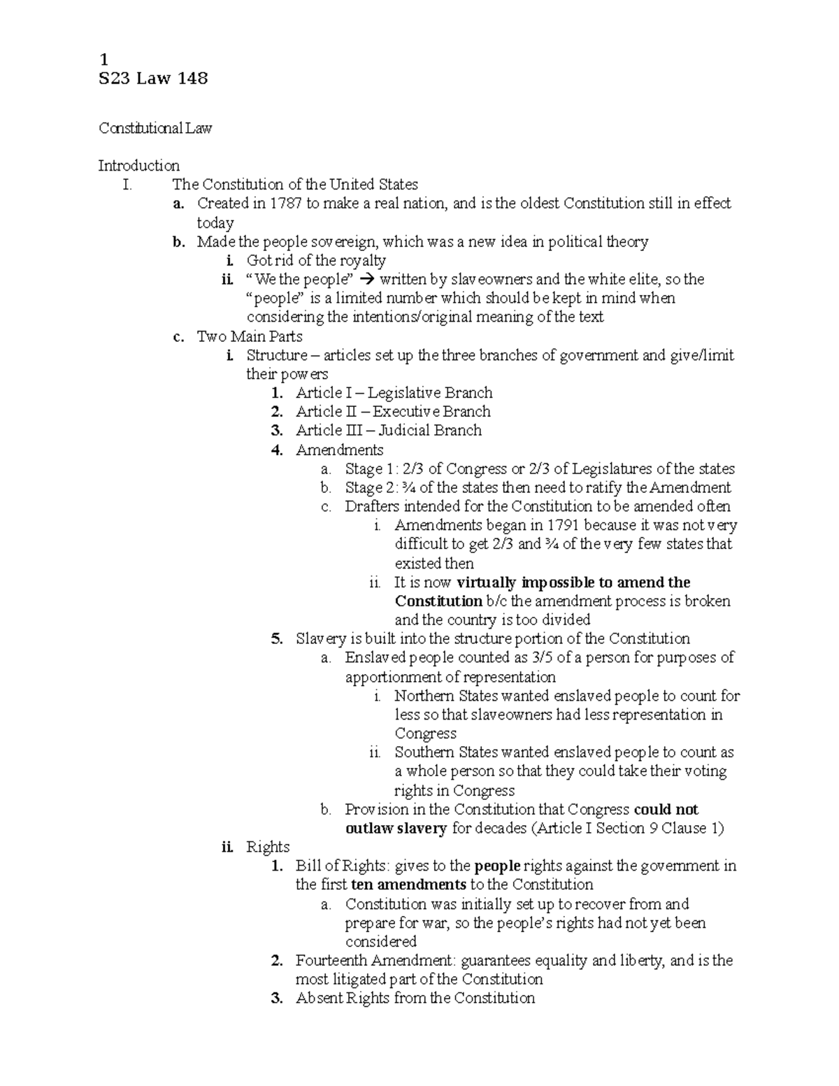 CON LAW Outline - S23 Law 148 Constitutional Law Introduction I. The ...