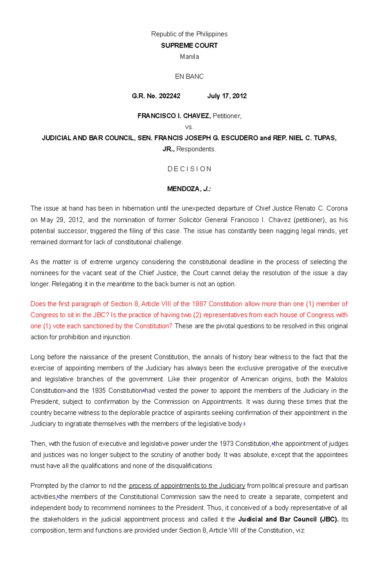 Chavez vs JBC July 17, 2012 - Republic of the Philippines SUPREME COURT ...