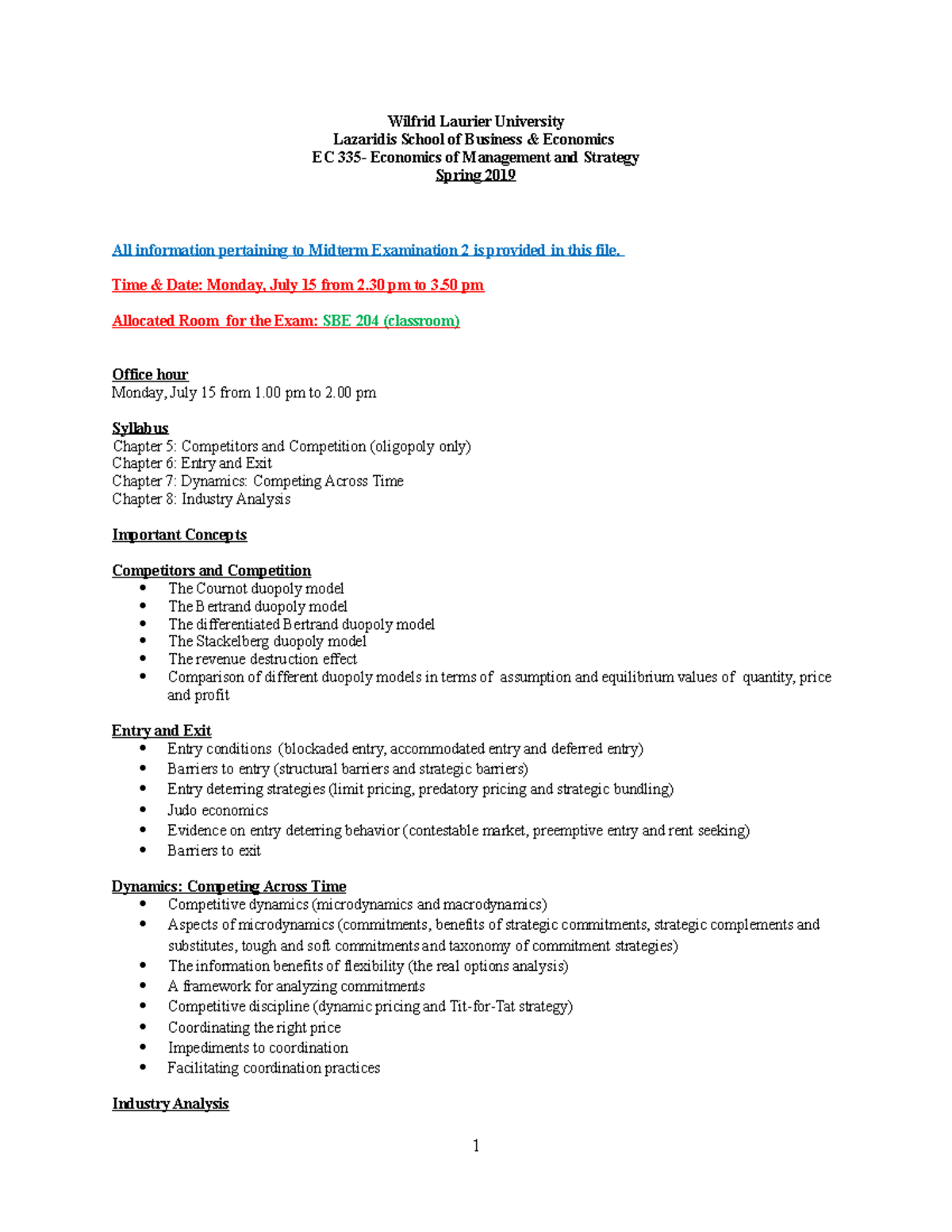 Exam 2 outline and practice questions - Wilfrid Laurier University Lazaridis School of Business ...