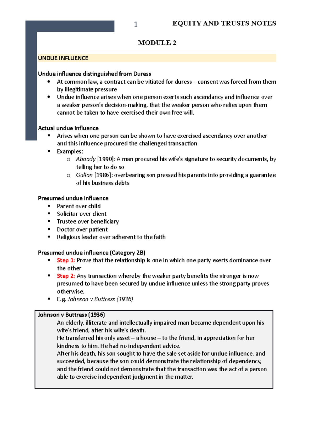 Equity Notes - Summary of readings - MODULE 2 UNDUE INFLUENCE Undue ...