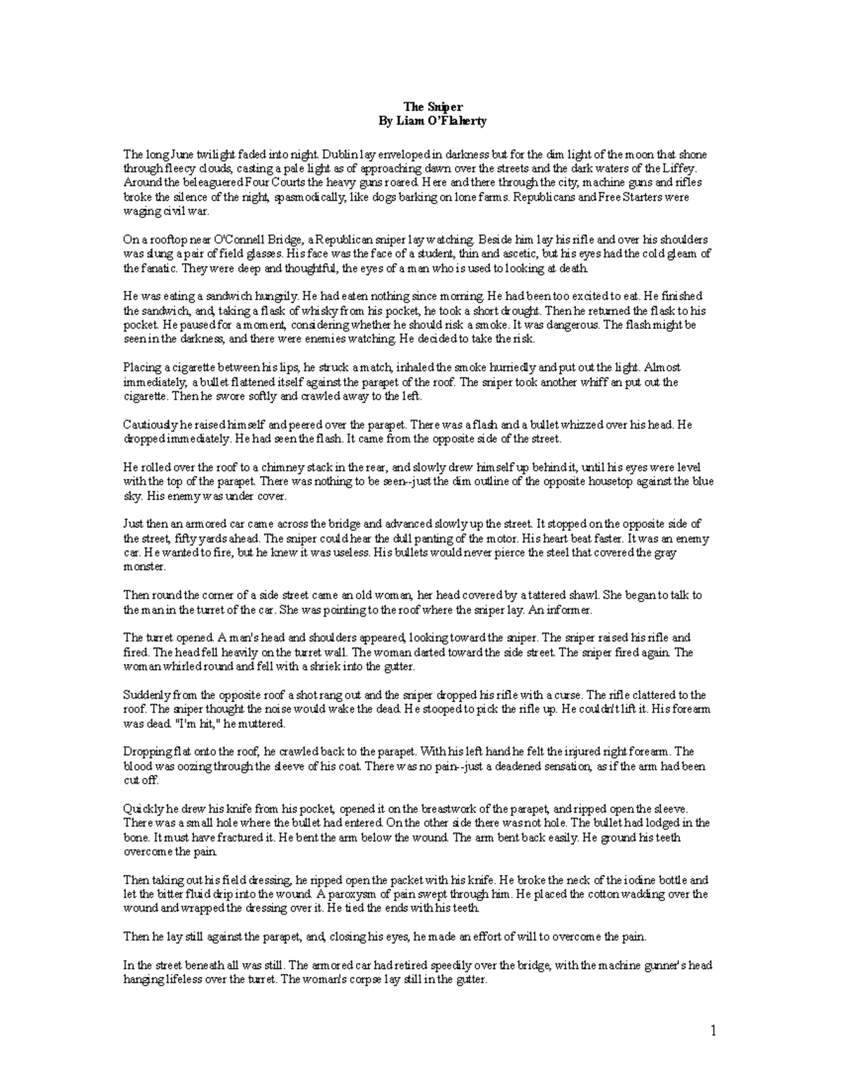 The Sniper by Liam OFlaherty - 1 The Sniper By Liam O’Flaherty The long ...