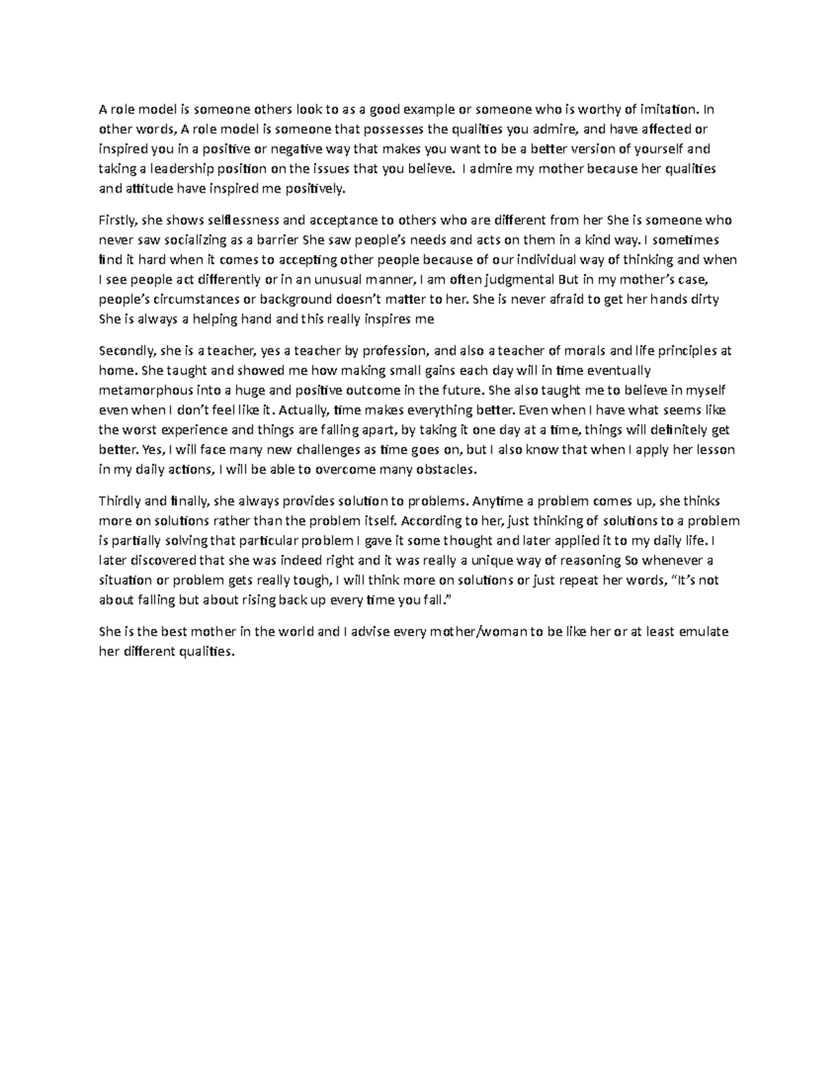 Essay On My Role Model A Role Model Is Someone Others Look To As A