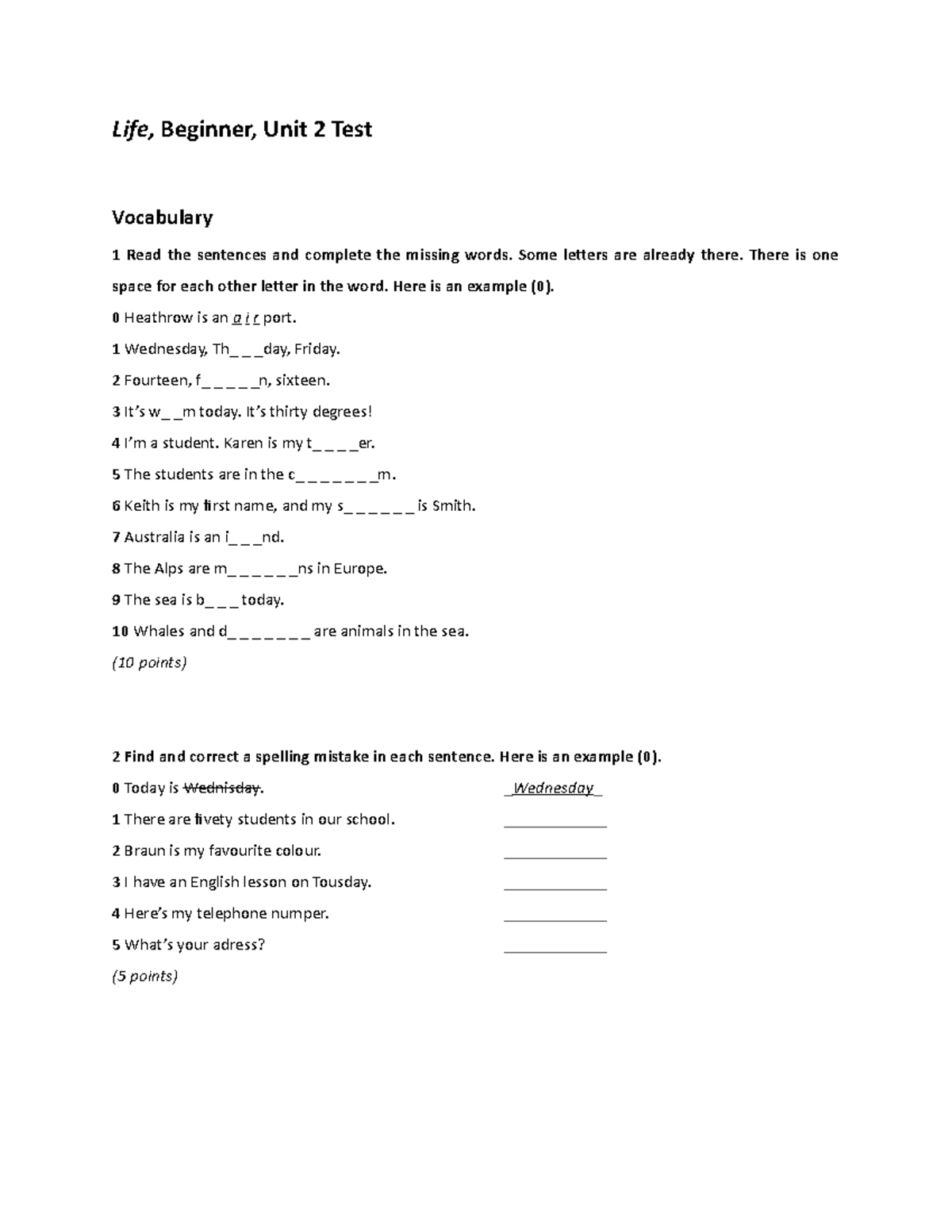 Life 2e Beginner Unit 2 test Word - Life, Beginner, Unit 2 Test ...