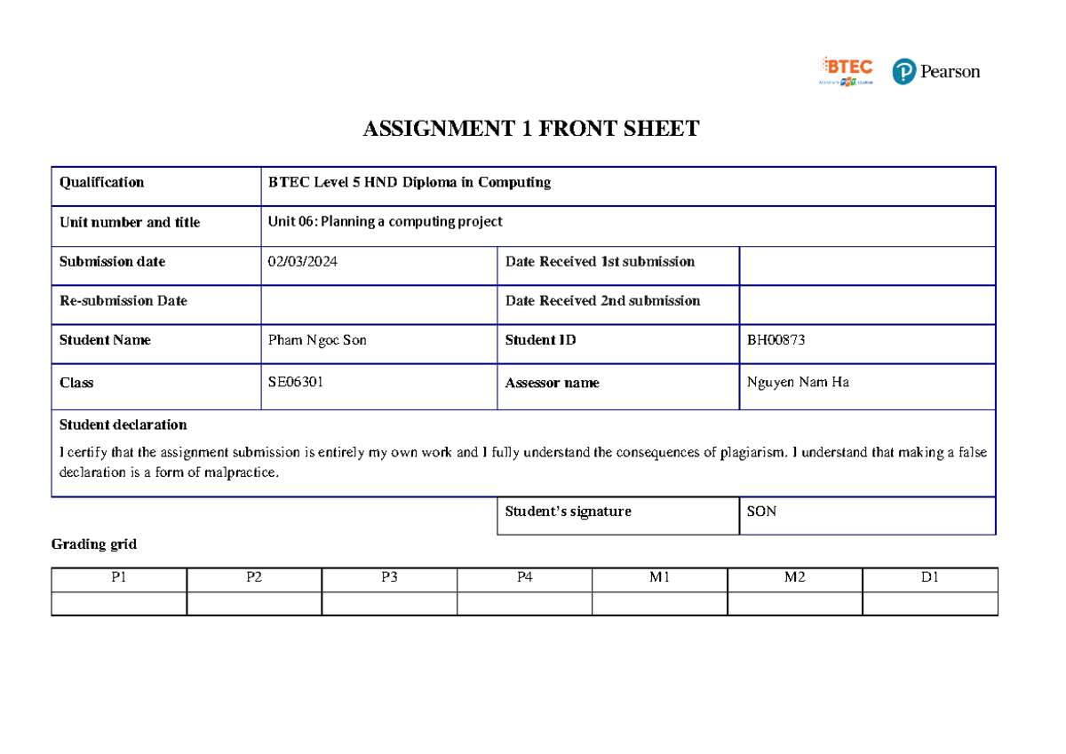 PCP Pham Ngoc Son BH00873 ASM1 1ST - ASSIGNMENT 1 FRONT SHEET Qualification BTEC Level 5 HND ...
