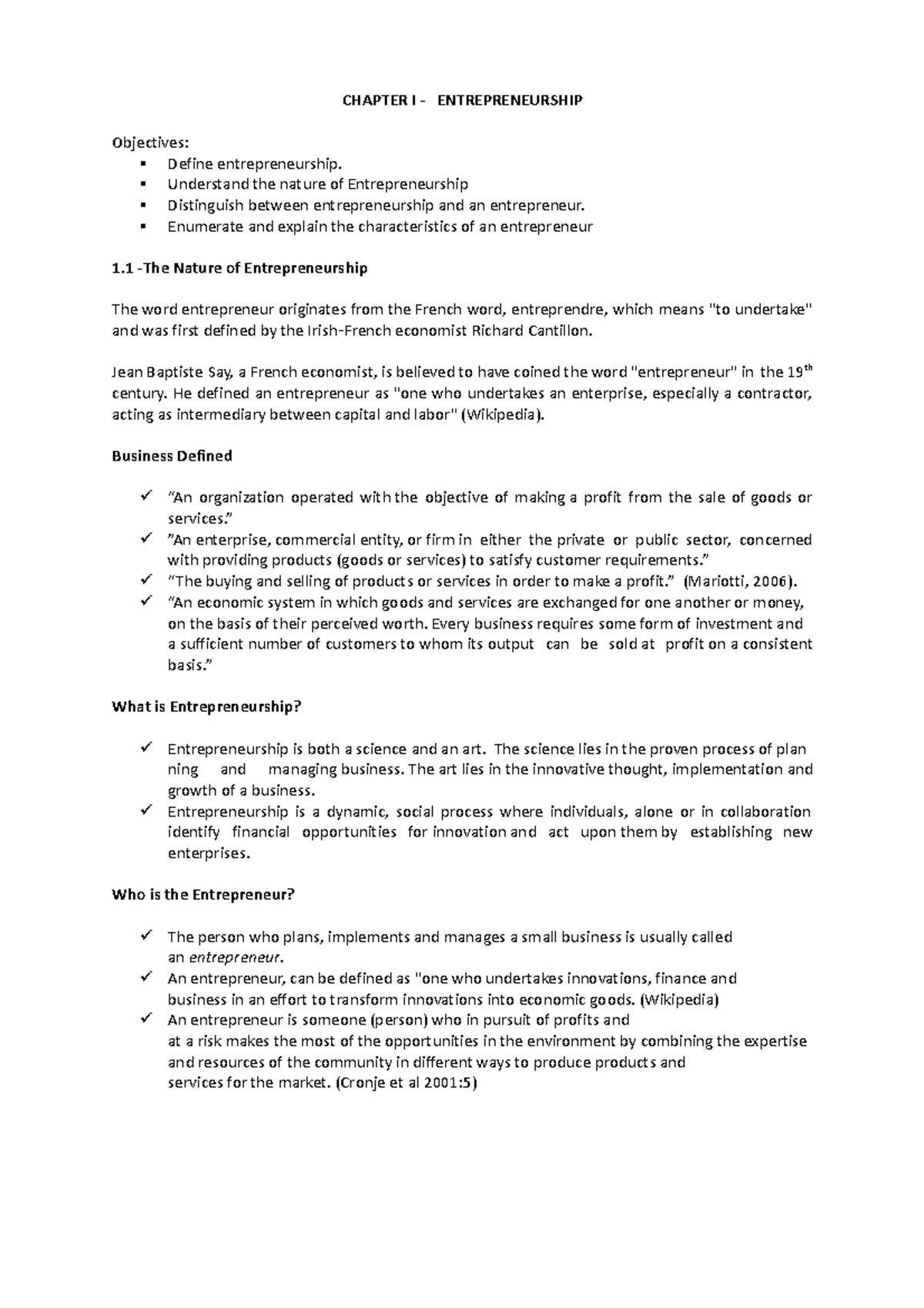 Chapter-I -Entrepreneurship - CHAPTER I - ENTREPRENEURSHIP Objectives ...